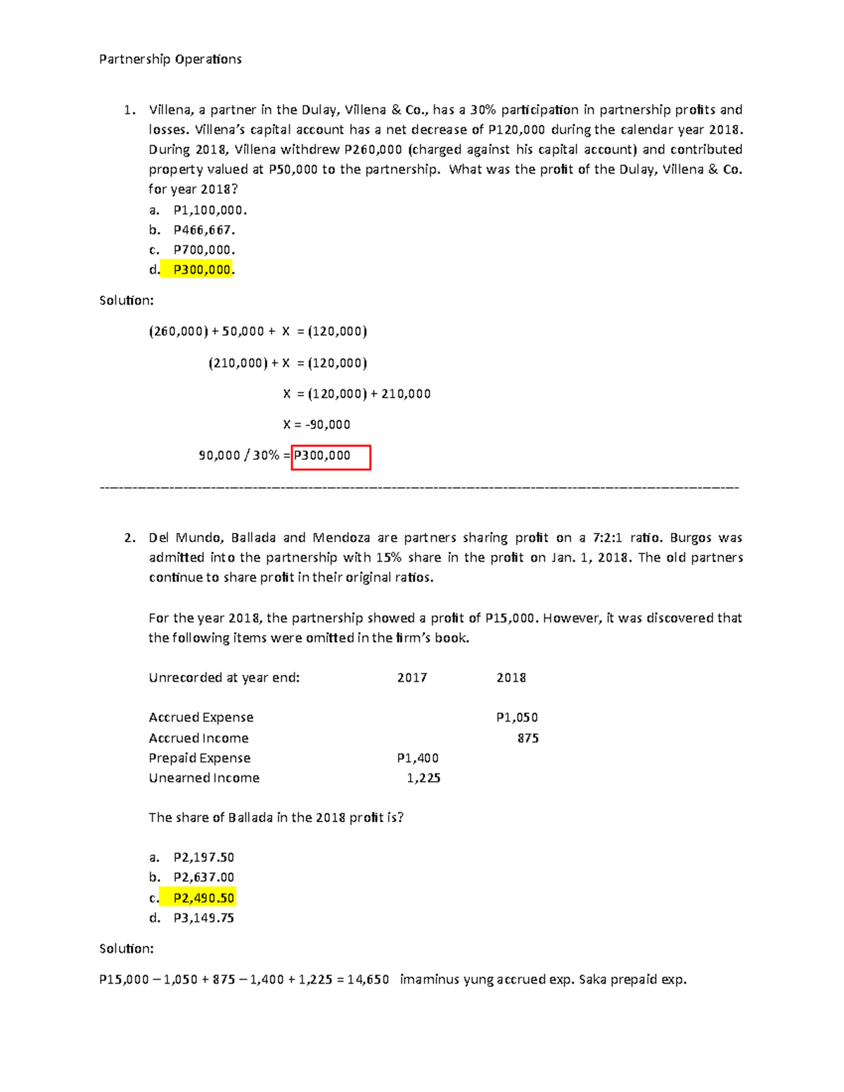 Partnership Operations Exercises: Answers & Solutions (2018) - Studocu