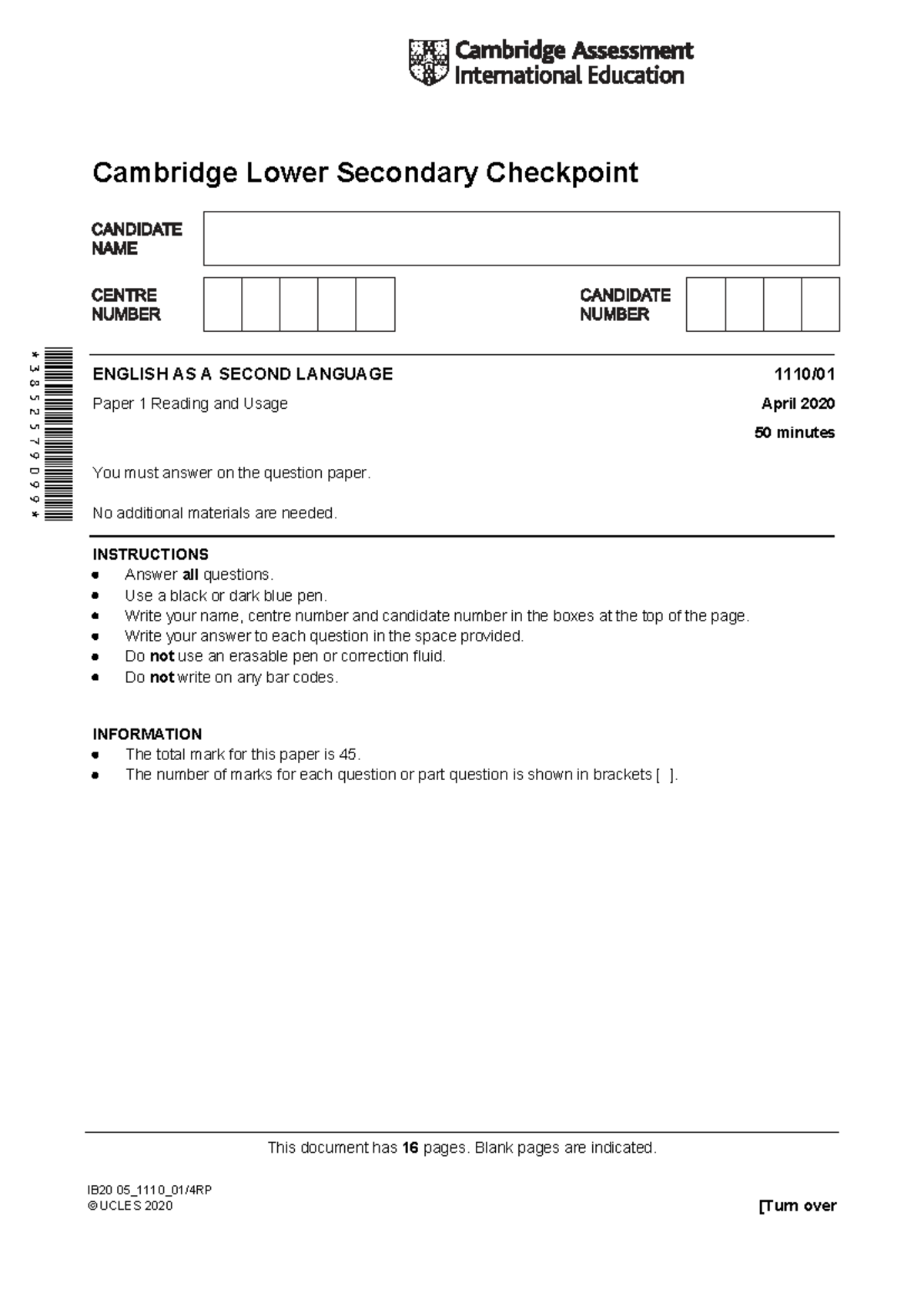 Cambridge Lower Secondary Checkpoint ESL Paper 1 Reading & Usage April ...