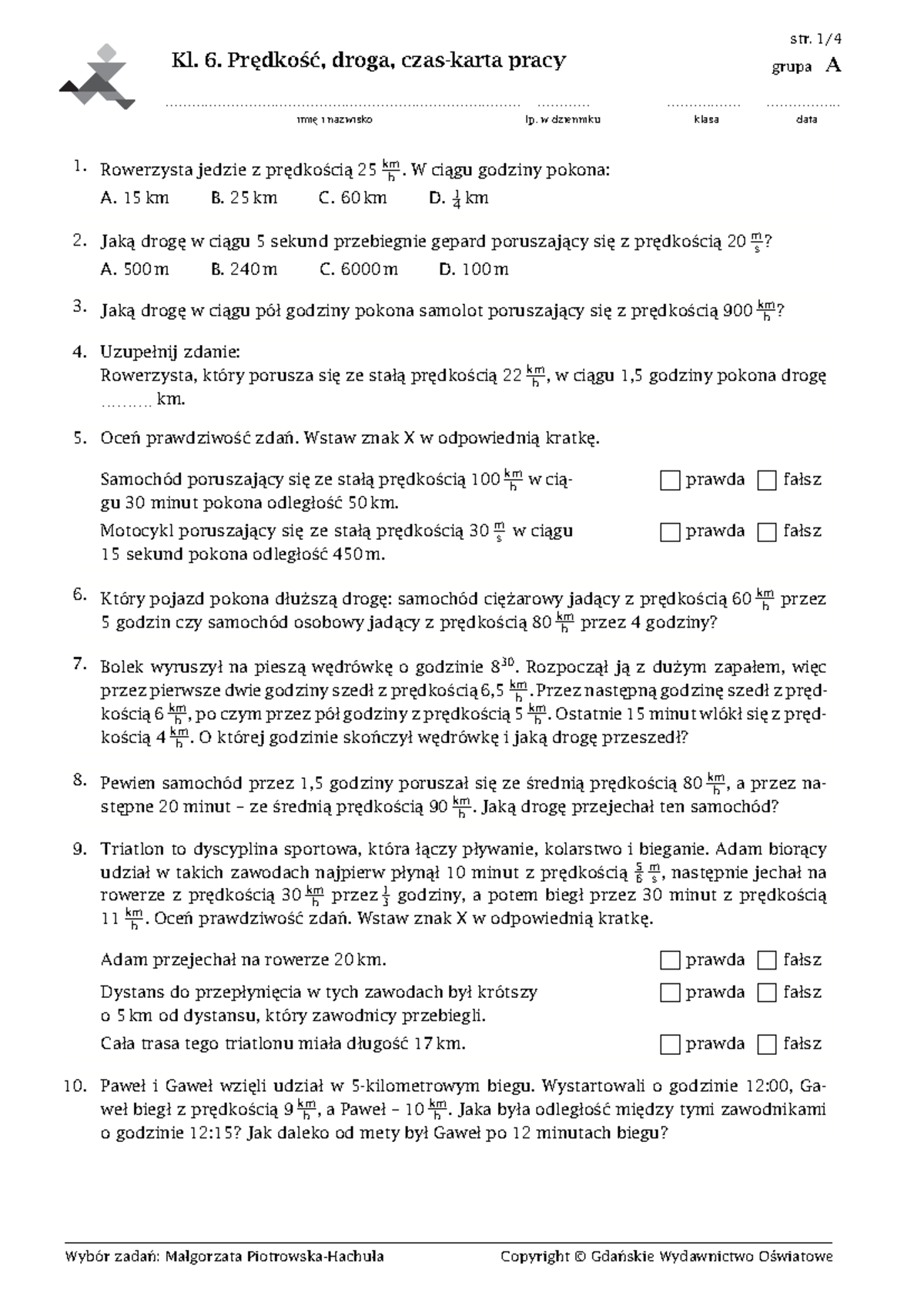 Kl. 6. Prędkość, droga, czas - Karta pracy dla grupy A i B - Studocu