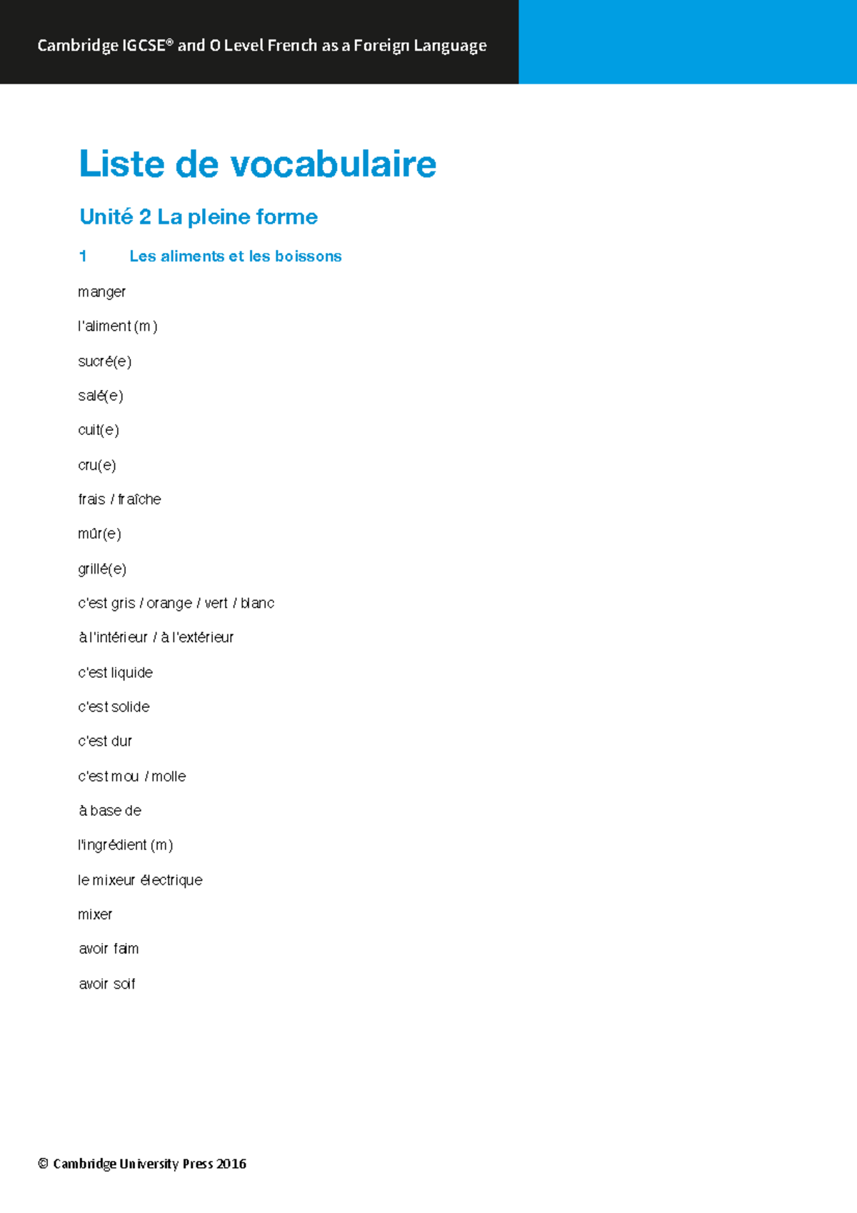 Lde V Unit 2 - Helpful Vocabulary for Cambridge O Level French - Studocu