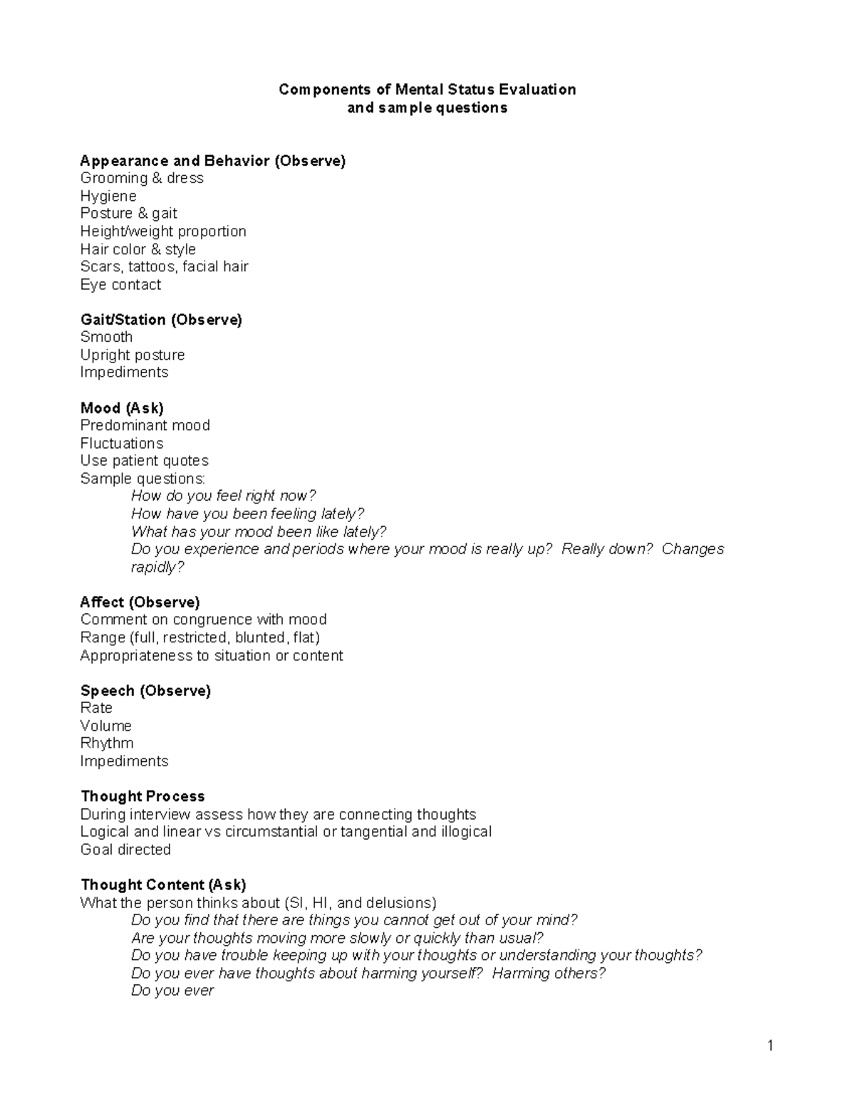 Components of Mental Status Examination: WI 23 Guide - Studocu