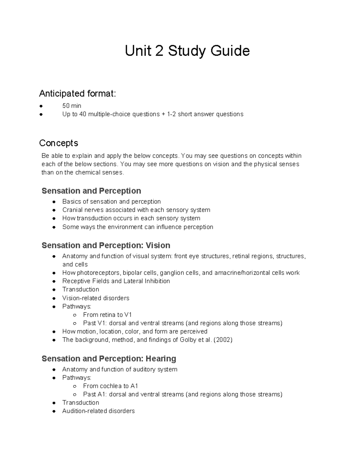 Unit 2 Study Guide: Sensation & Perception Concepts for Exam Prep - Studocu