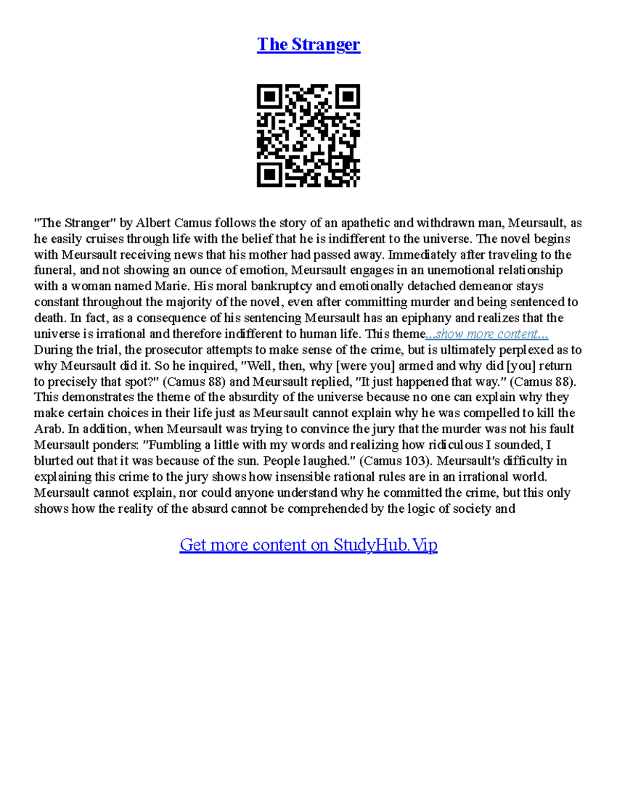 Albert Camus' The Stranger: A Deep Literary Analysis Essay - Studocu