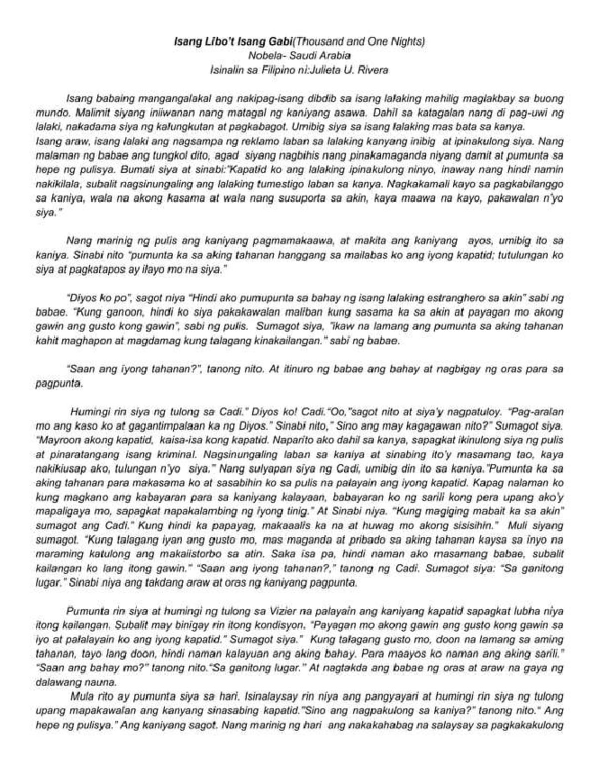 2024 Filipino 9 Nobela - Isang LIBO'T Isang GABI: Isang Pagsusuri - Studocu