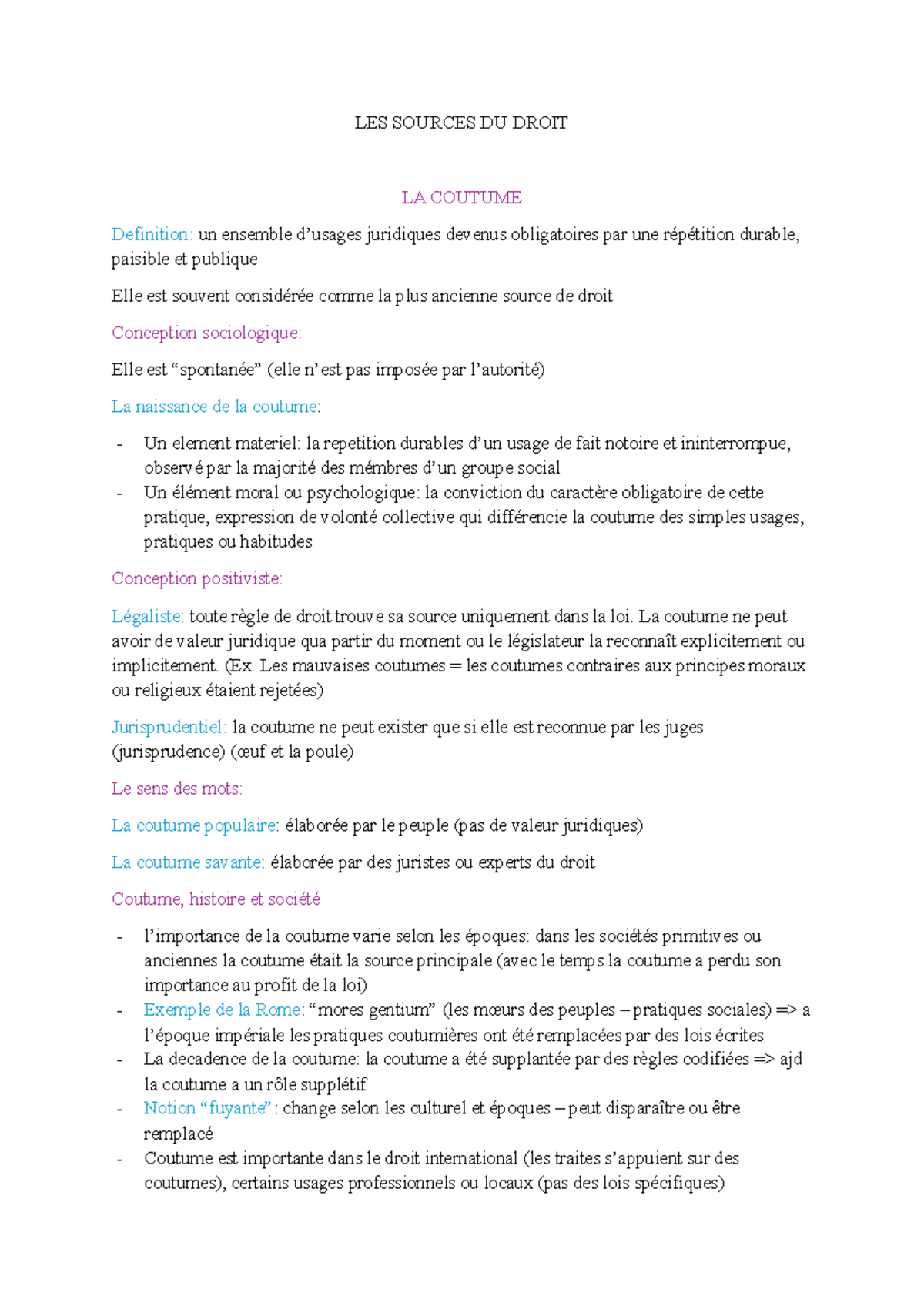 Droit civil - La Coutume comme Source Principale du Droit - Studocu