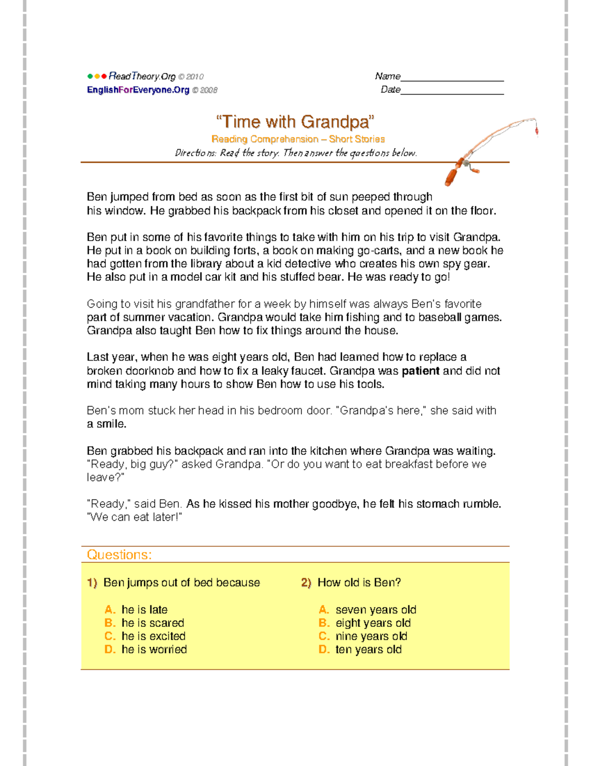 Reading Comprehension: "Time with Grandpa" Story Analysis - Studocu