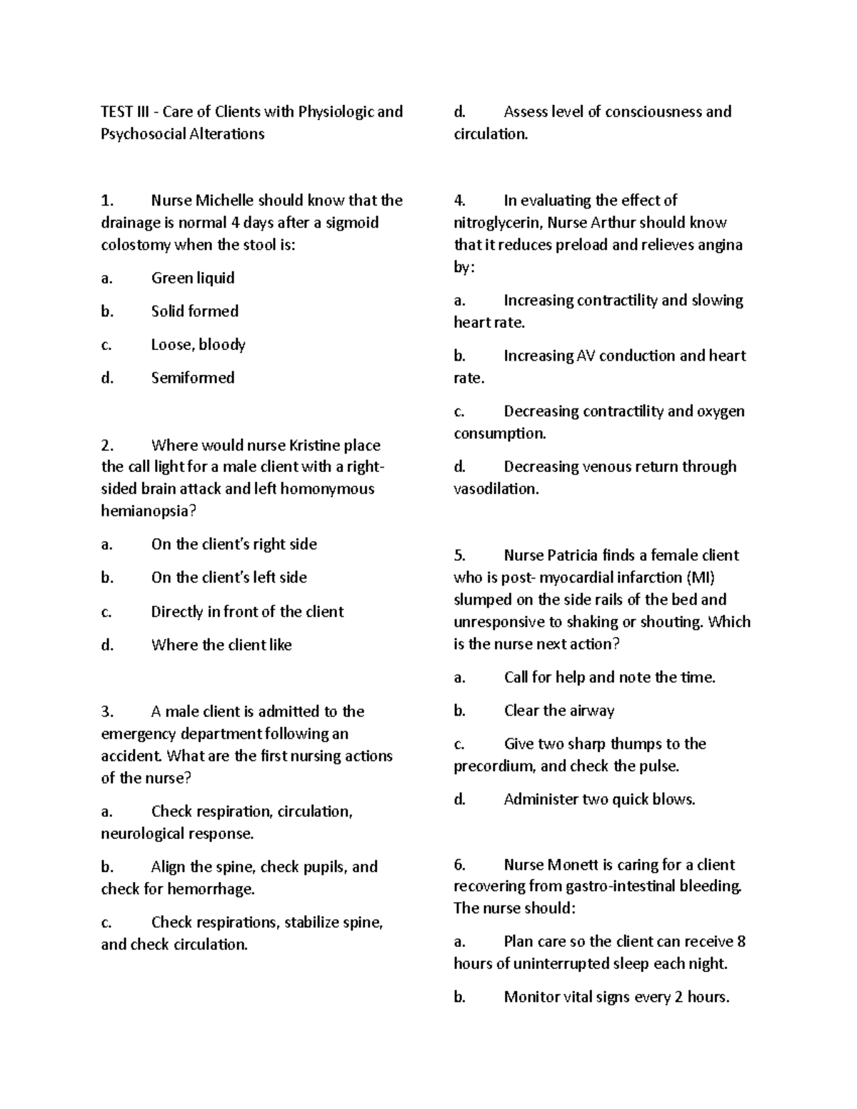 NP3 Sample Test 2: Nursing Care in Physiological Alterations - Studocu