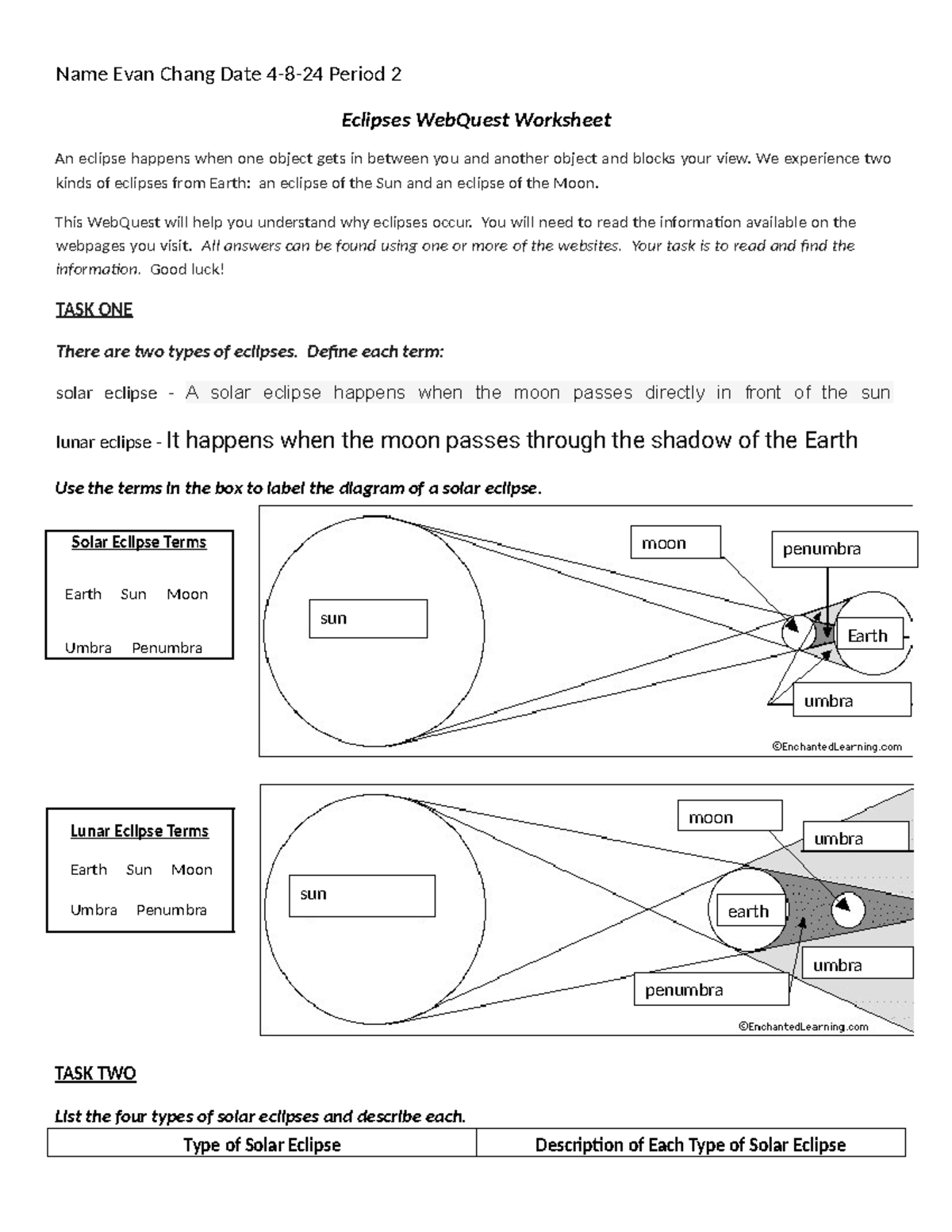 Eclipses WebQuest Worksheet - Understanding Solar and Lunar Eclipses ...