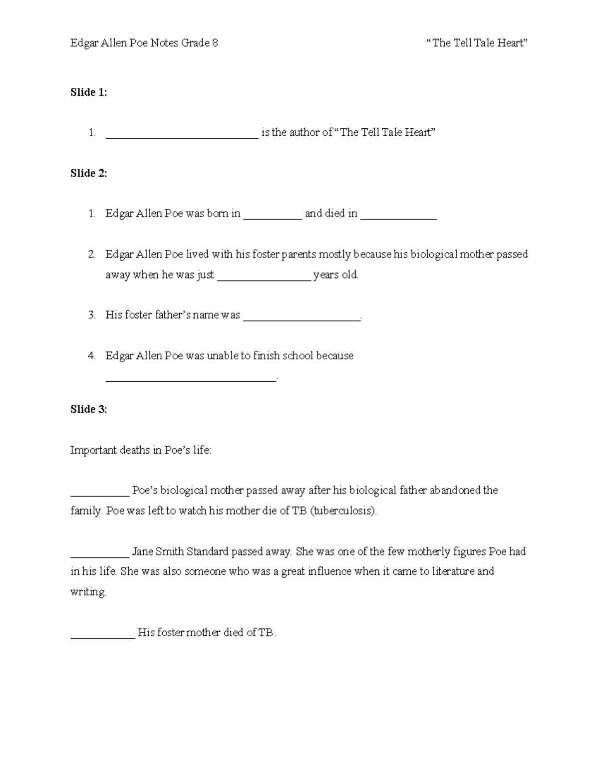 Grade 8 Fill-in Notes on "The Tell Tale Heart" by Edgar Allan Poe - Studocu