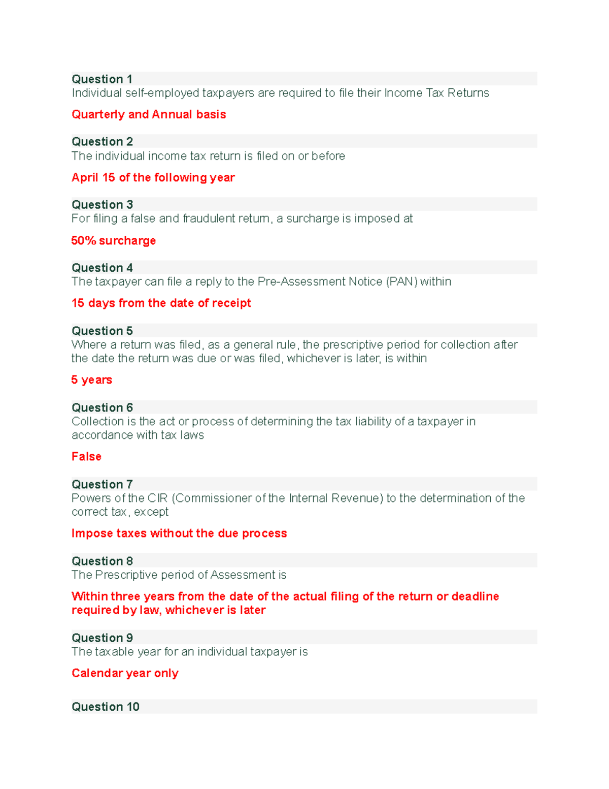 TAX 102 QUIZ - Individual self-employed taxpayers are required to file ...
