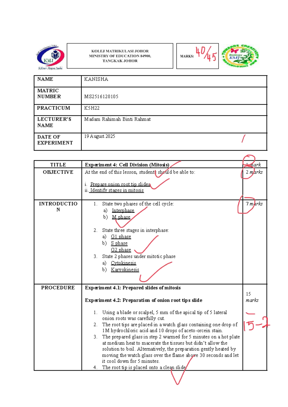 LAB Report EXP 4: Mitosis and Cell Division Techniques - Studocu