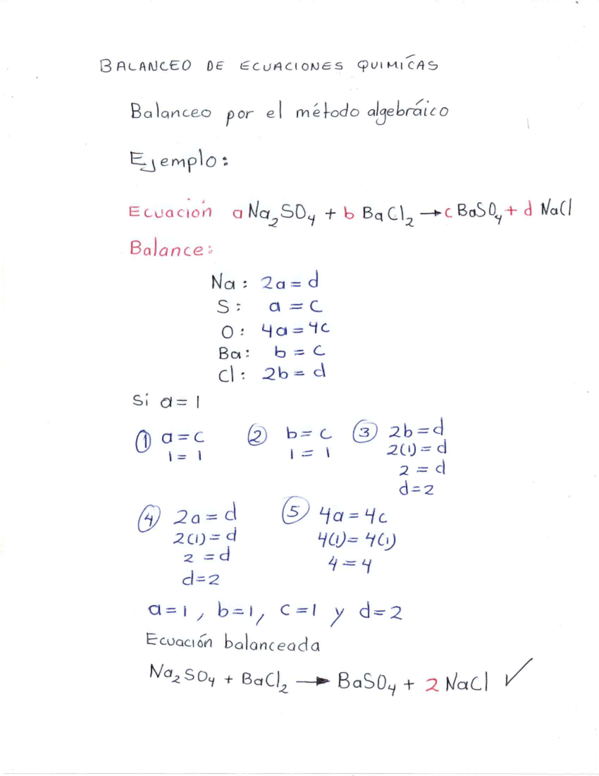 Balanceo de Ecuaciones Químicas: Método Algebraico y Ejemplo - Studocu