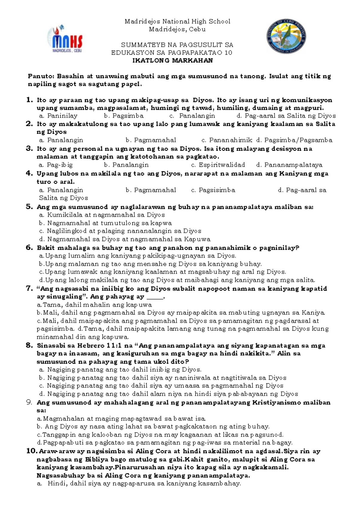 3rd Quarter Summative Exam in Edukasyon sa Pagpapakatao 10 - Studocu