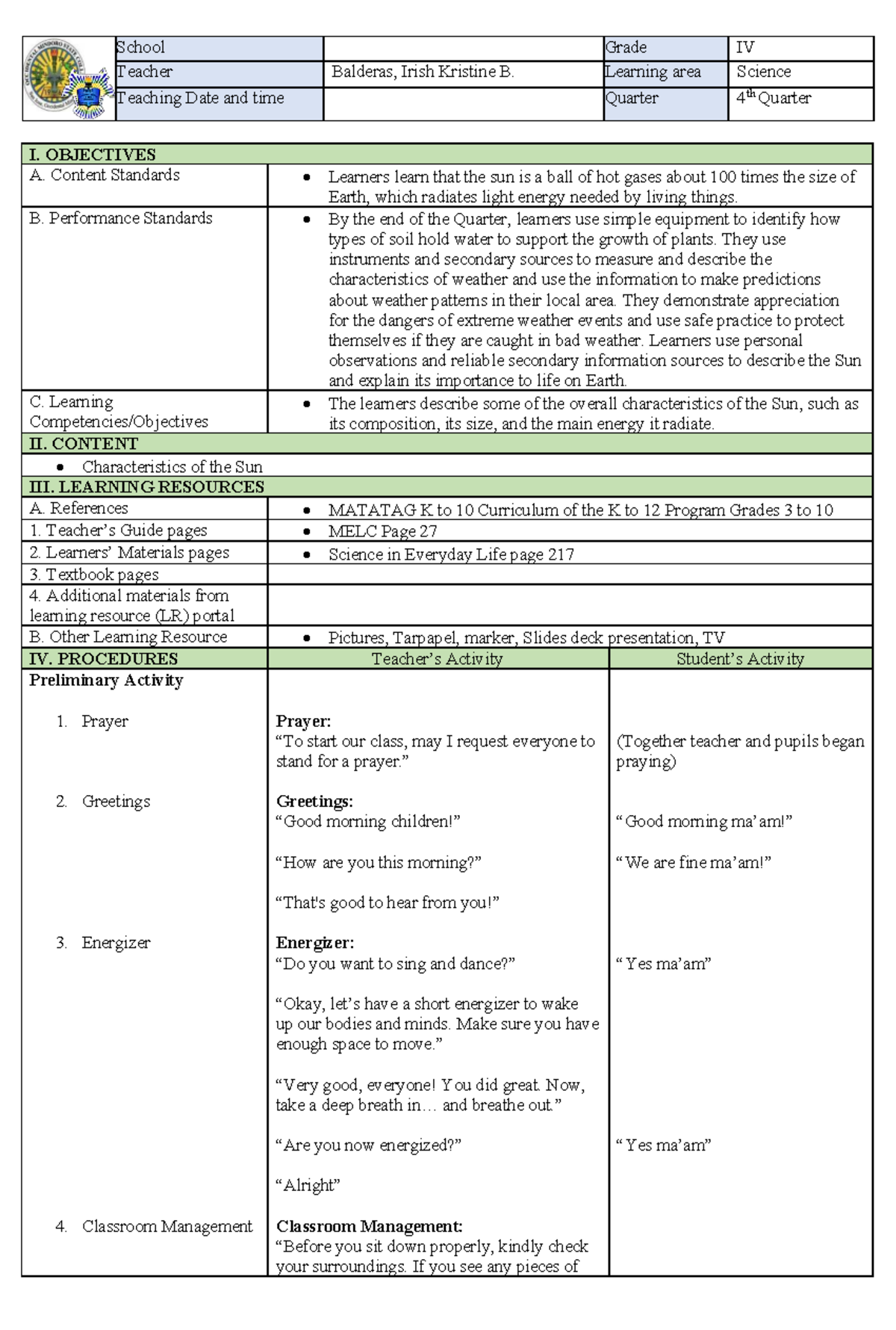 Science 4th Quarter Lesson Plan: Characteristics of the Sun - Studocu