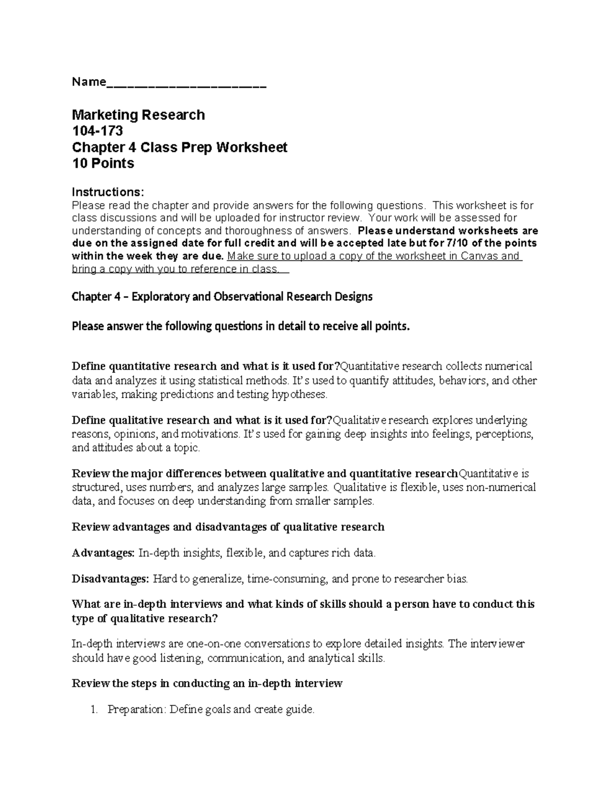 Marketing Research Chapter 4 Worksheet - Name ...