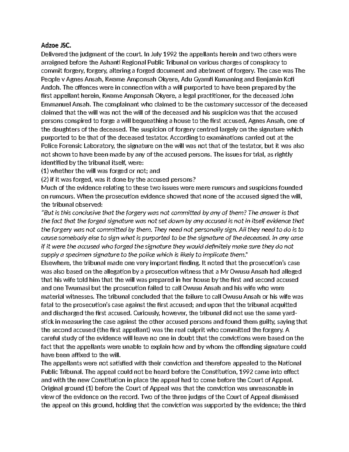 Okyere v The Republic: Examination of Forgery Charges and Tribunal ...