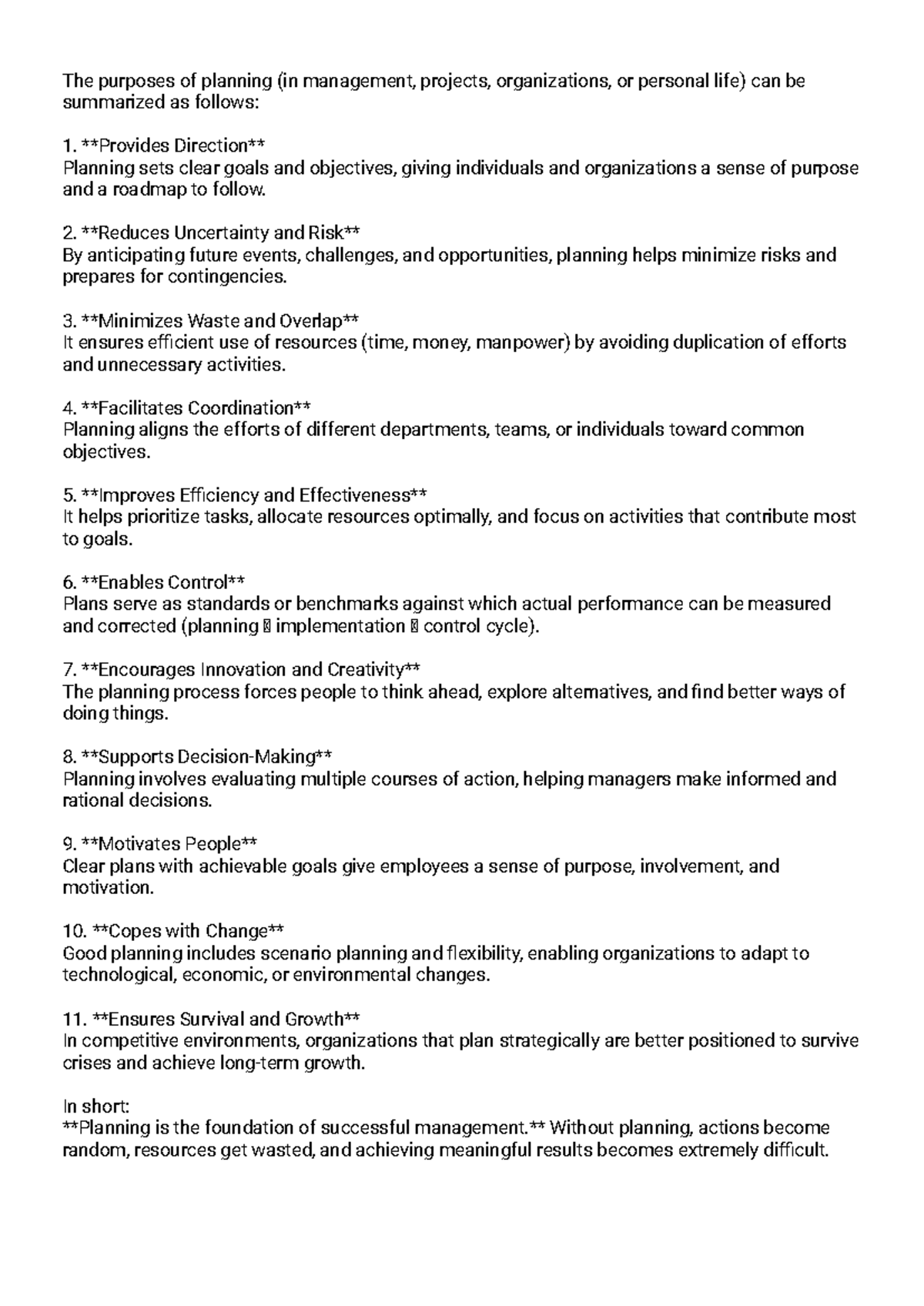 Purpose of Planning: Key Insights and Benefits - Good Notes - Studocu