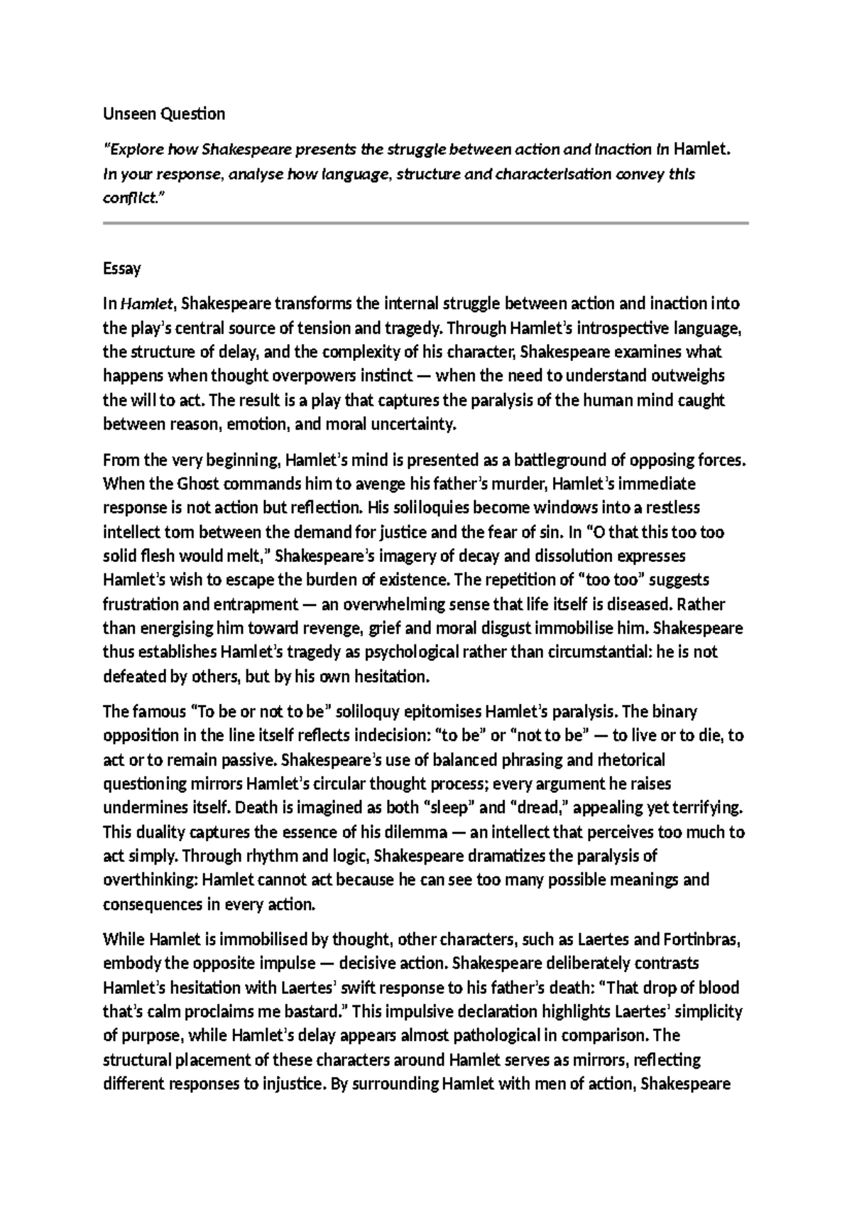 Hamlet Practice Essay: Analyzing Action vs. Inaction in Shakespeare's ...
