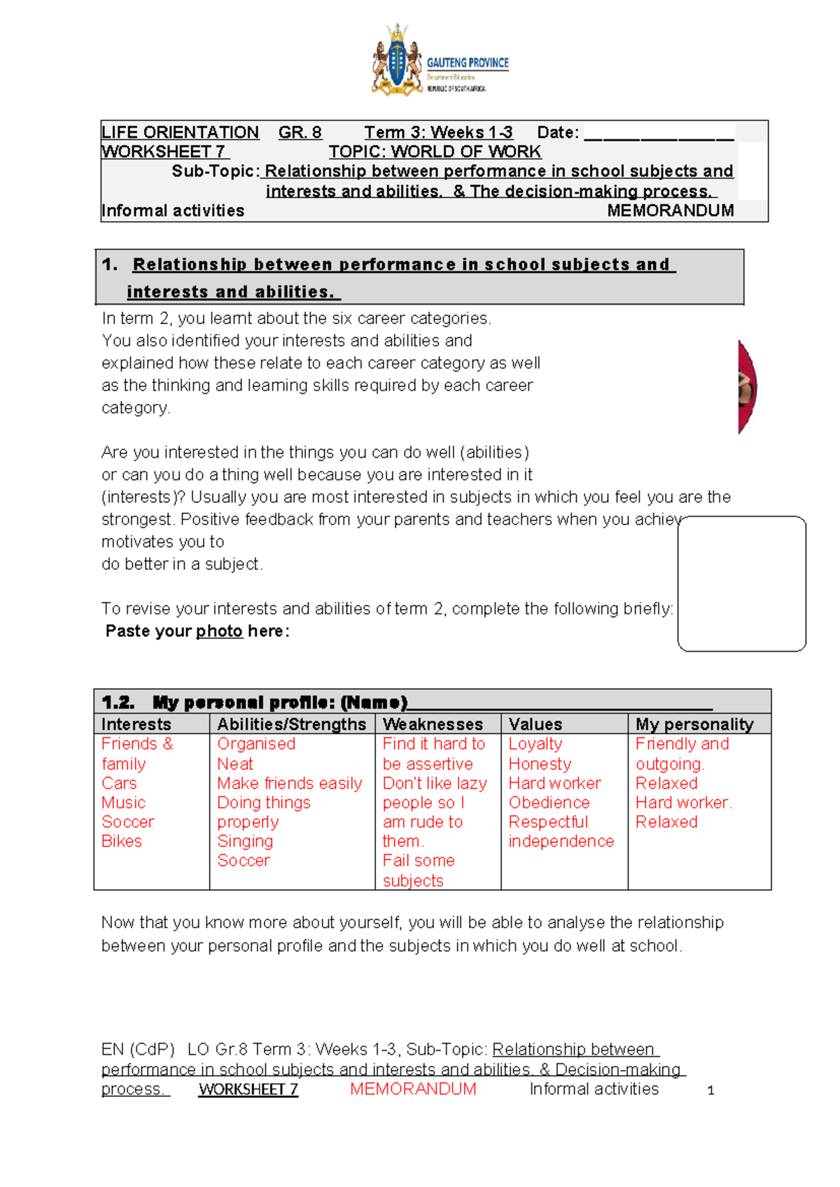 LO Gr. 8 Term 3: Worksheet 7 - Performance, Interests & Abilities ...