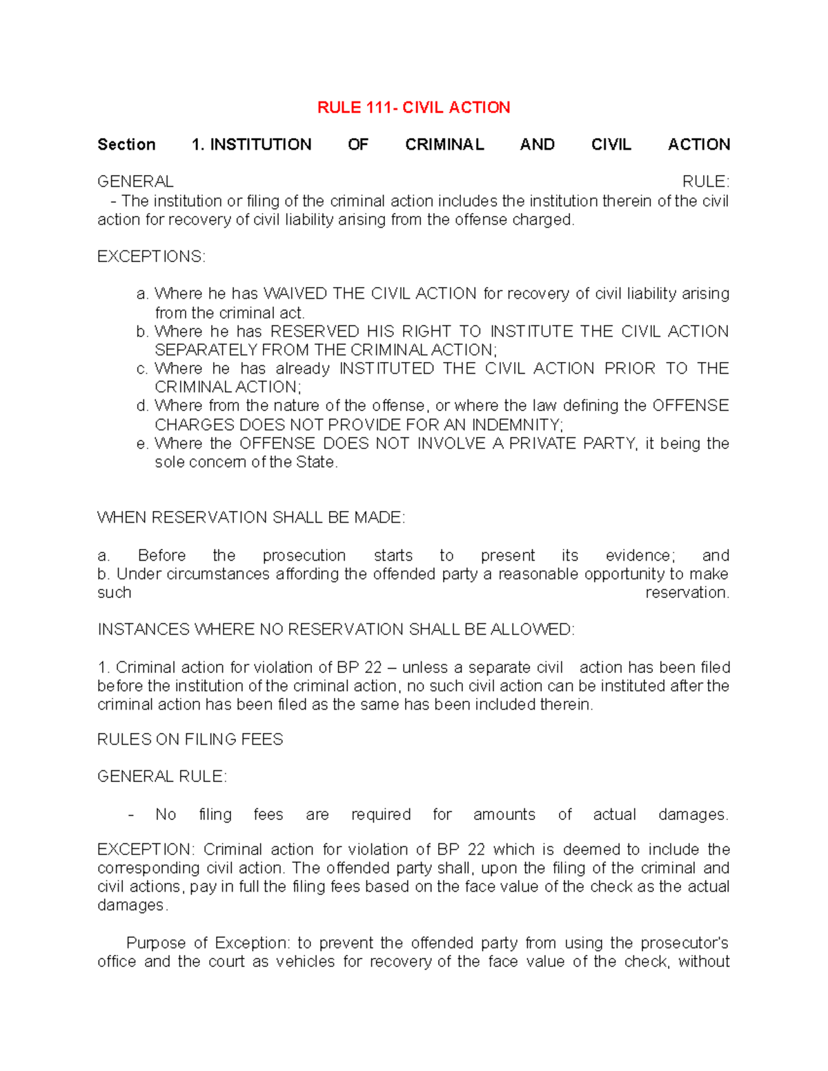 CRI417- Lesson 10 - Summary Criminal Law - RULE 111- CIVIL ACTION ...