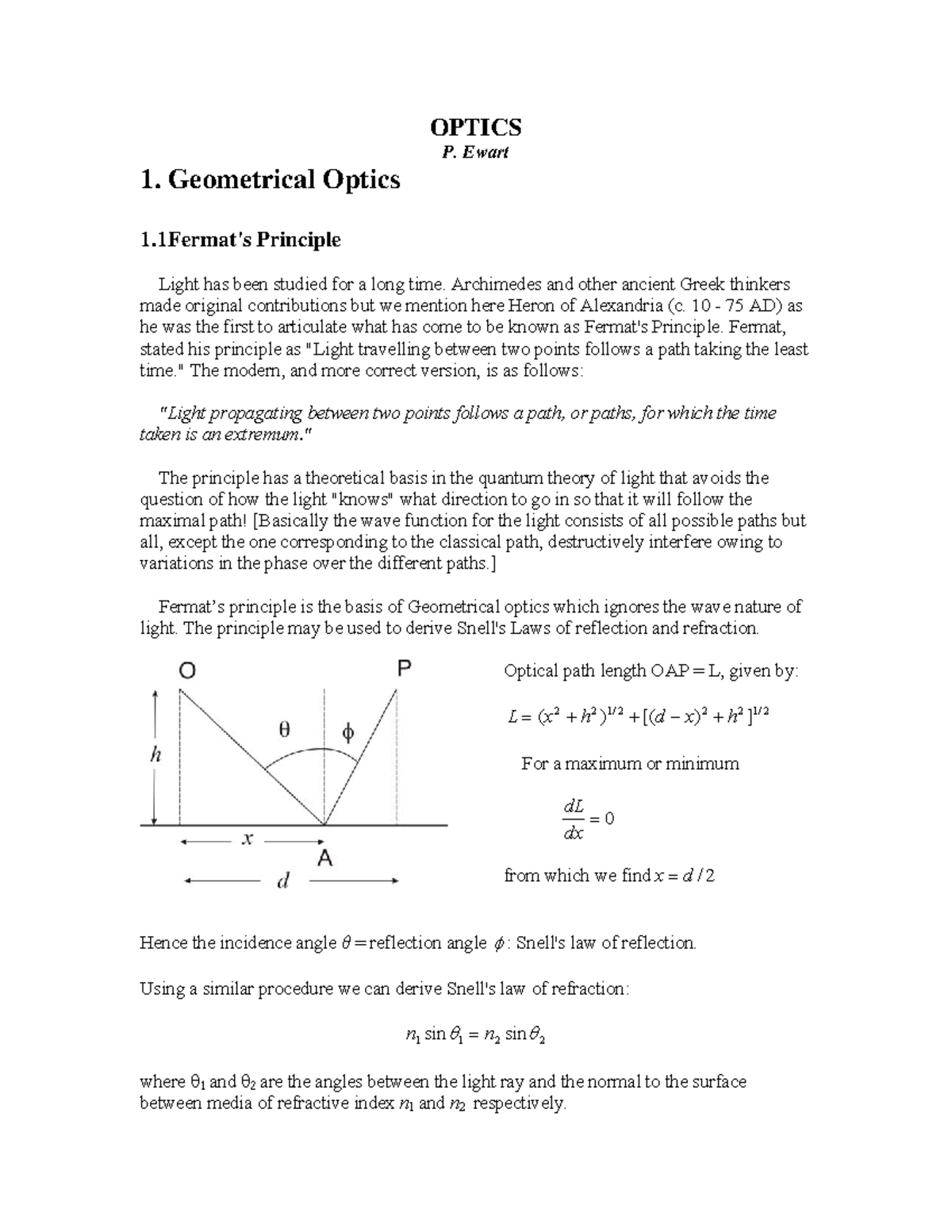 Optics Lectures 2007 - Helpful - OPTICS P. Ewart 1. Geometrical Optics ...