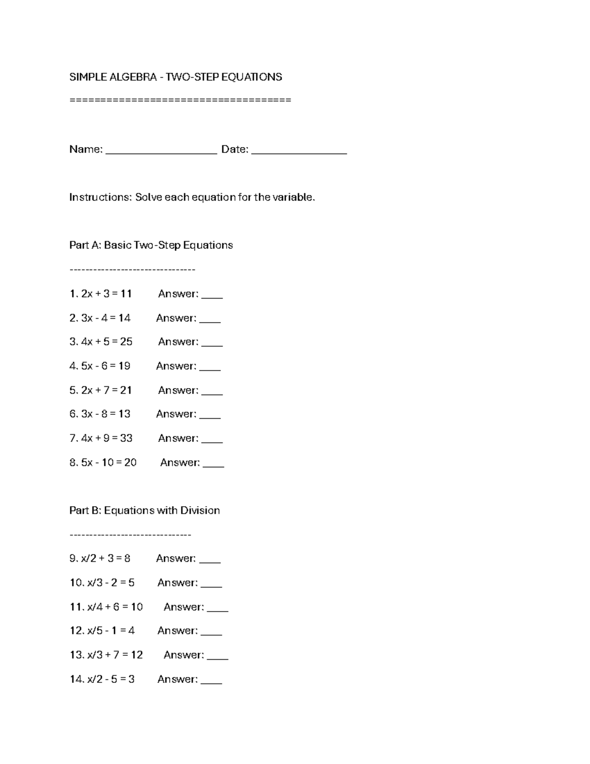 ALG 2 - Practice Exercises for Two-Step Equations - Studeersnel
