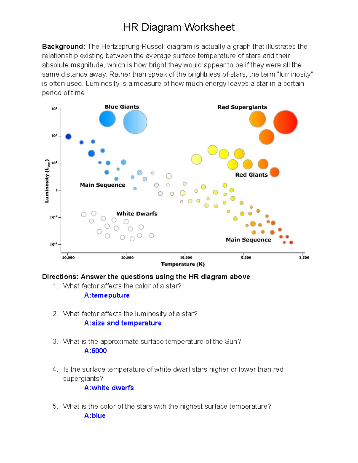 HR Diagram Worksheet: Understanding Stellar Relationships (Intro-5b0077 ...
