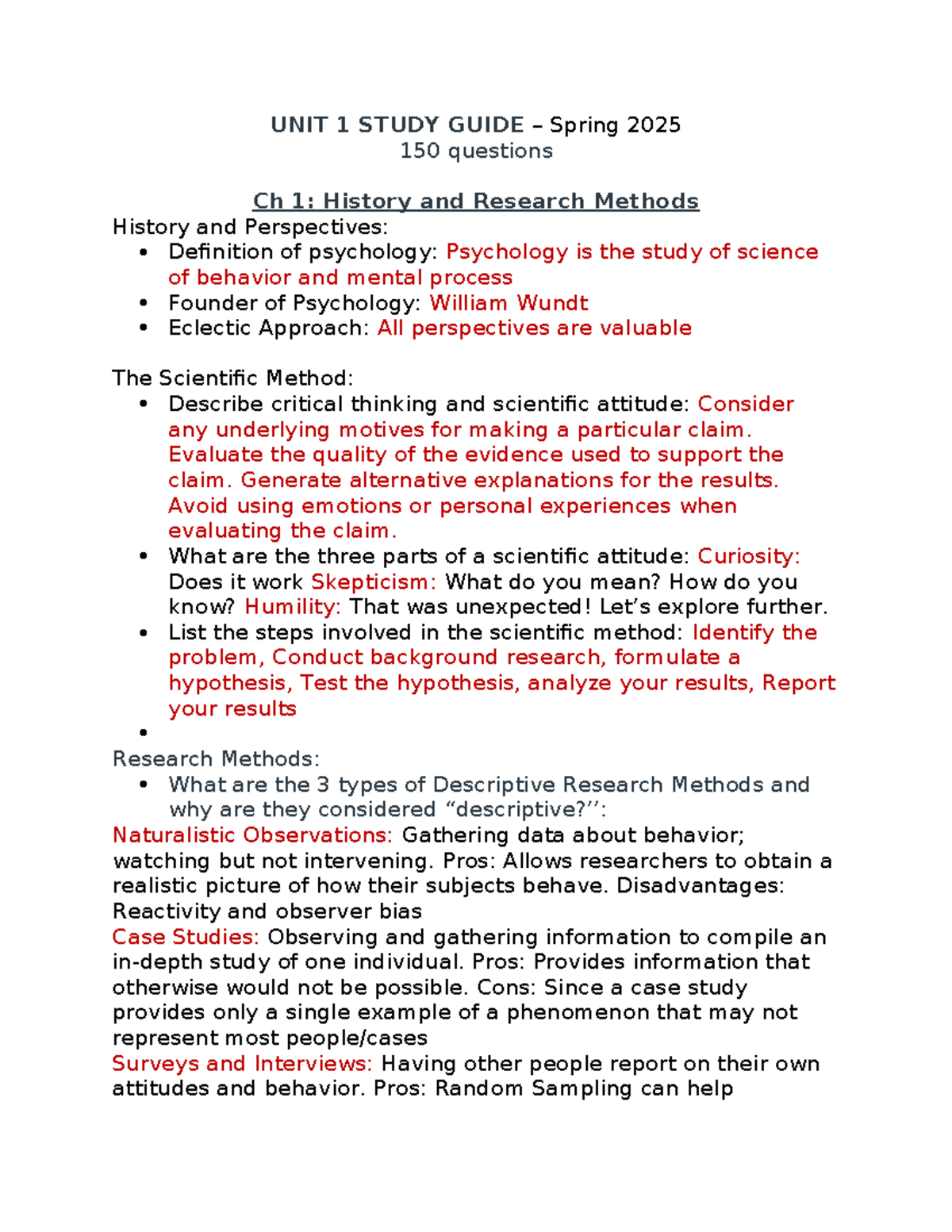 PSY 101 UNIT 1 STUDY GUIDE: History & Research Methods in Psychology ...