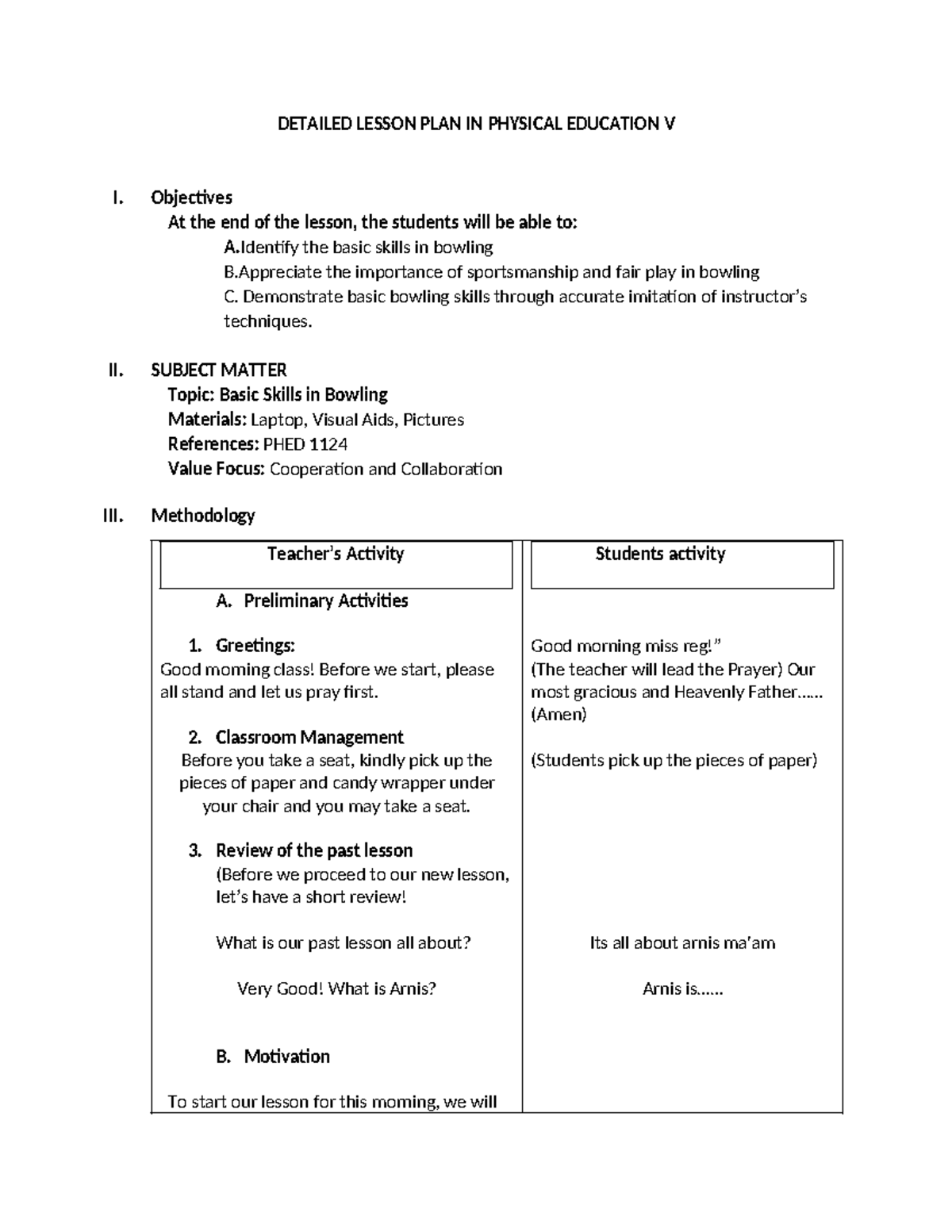 Final Lesson Plan in PHED 1124: Basic Skills in Bowling - Studocu