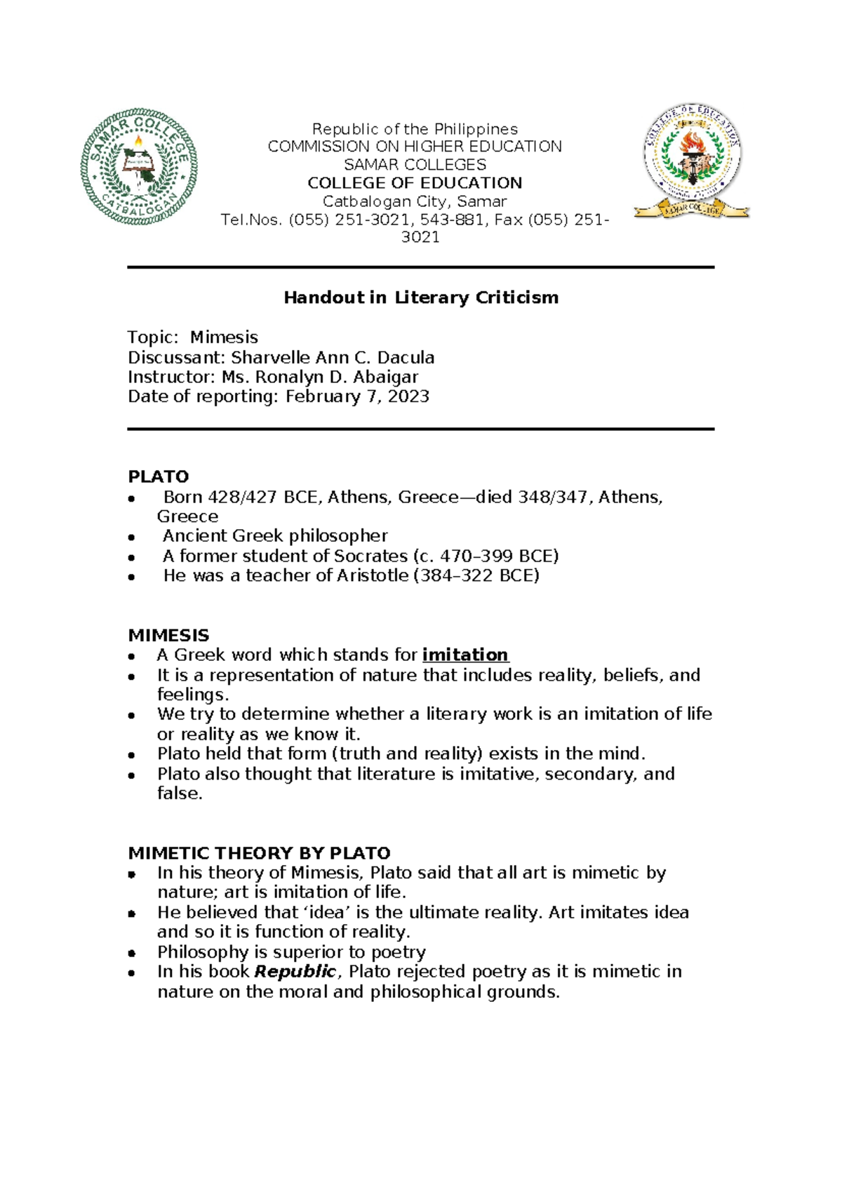 Mimesis in Literary Criticism: Lecture Notes (EDUC 101) - Studocu