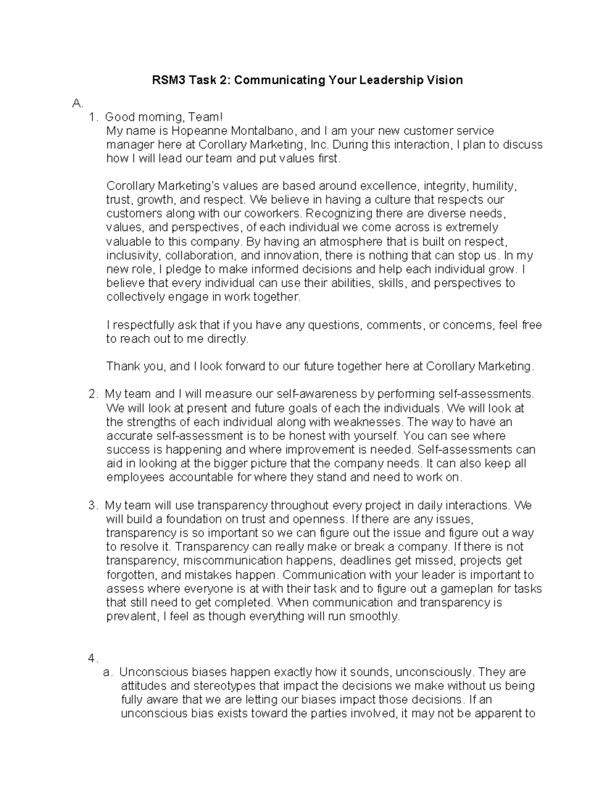 RSM3 Task 2 - Communicating Leadership Vision & Team Values - Studocu