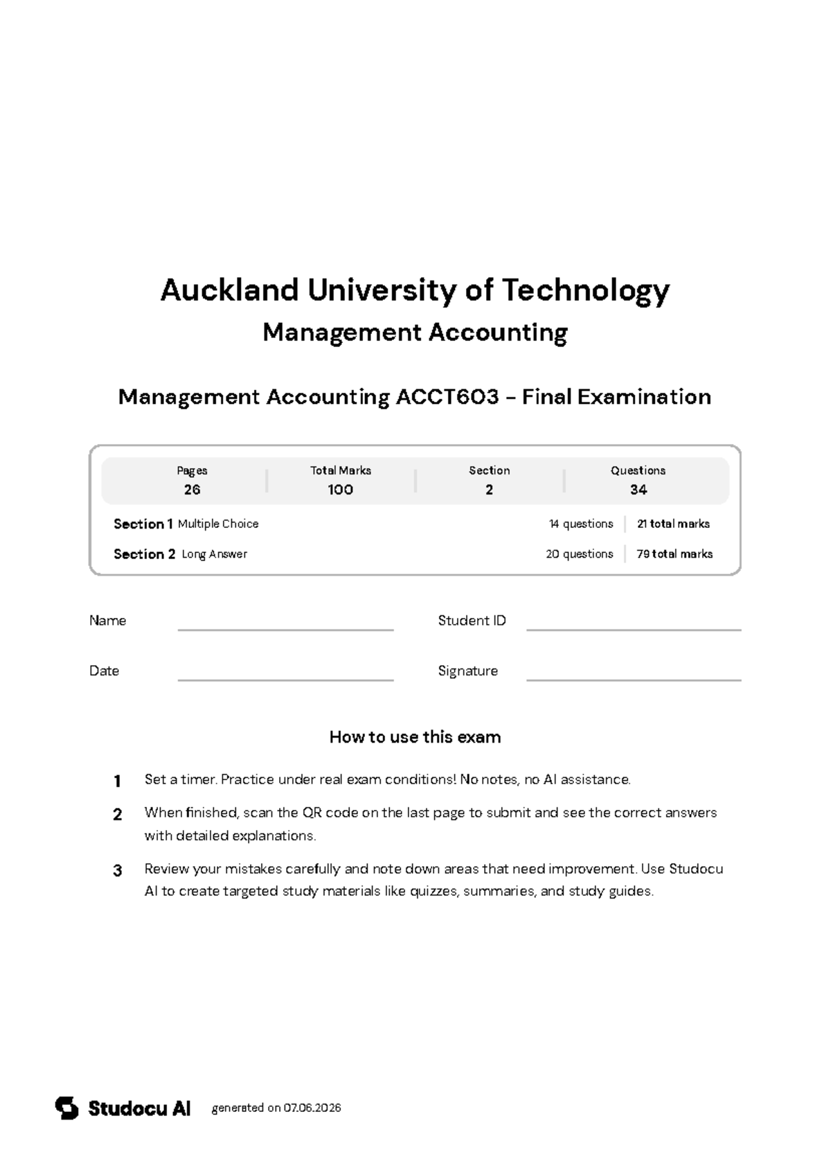 Management Accounting ACCT603 - Final Examination - Studocu