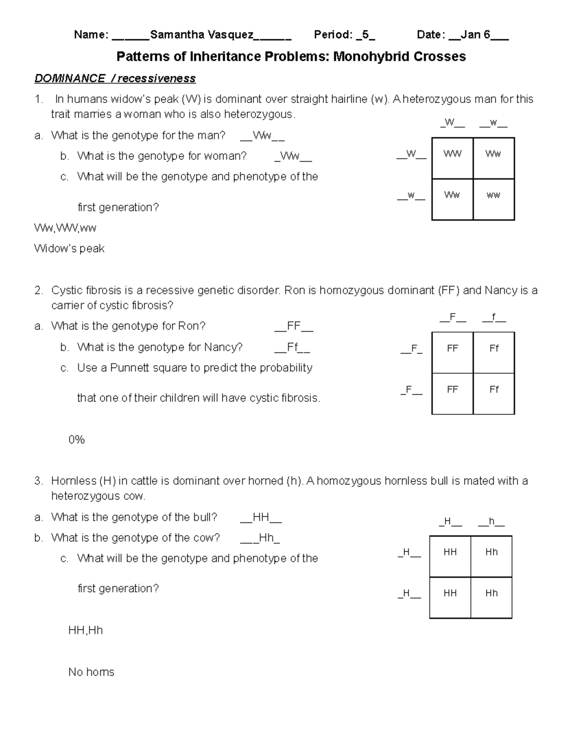 Inheritance Patters Worksheet - Name: Samantha Vasquez Period: 5 Date ...