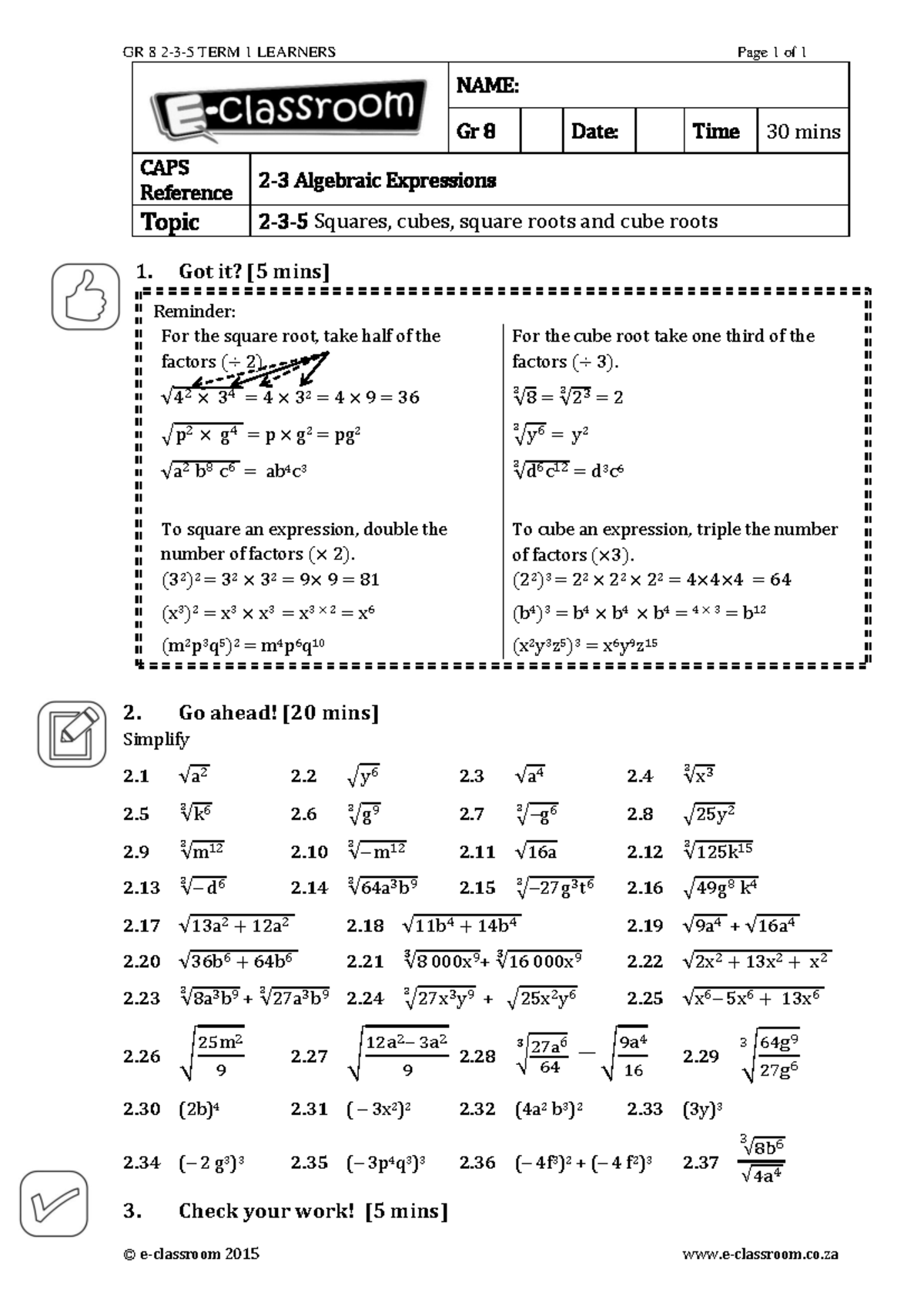 GR 8 TERM 1 ALGEBRAIC EXPRESSIONS: SQUARES, CUBES & ROOTS - Studocu