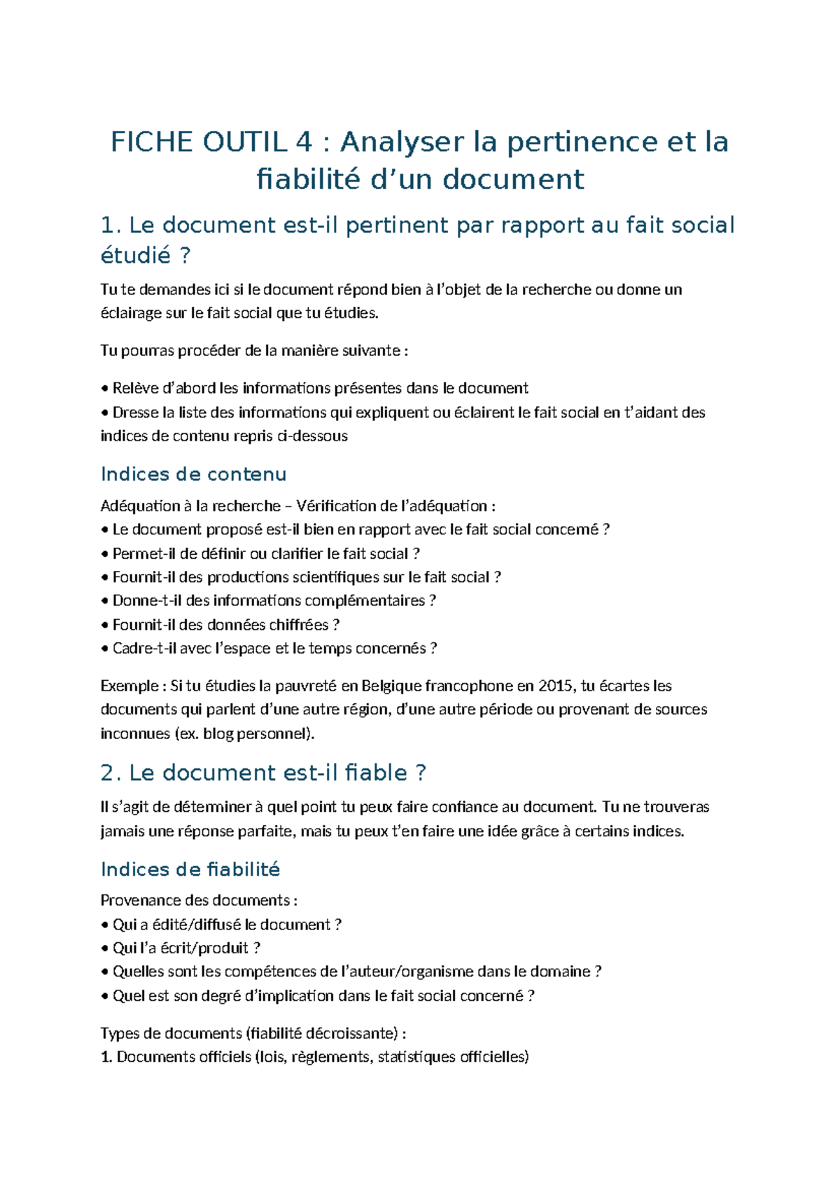FICHE OUTIL 4 : Analyse de la pertinence et fiabilité des documents ...