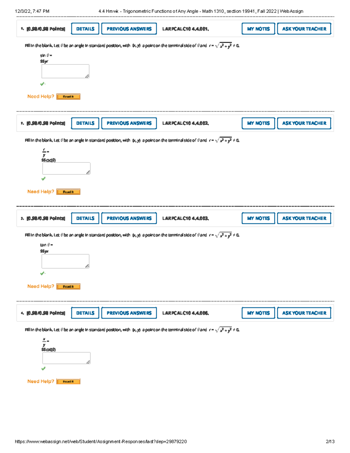 Math 1310 - 4.4 Trigonometric Functions of Any Angle - Fill in the ...