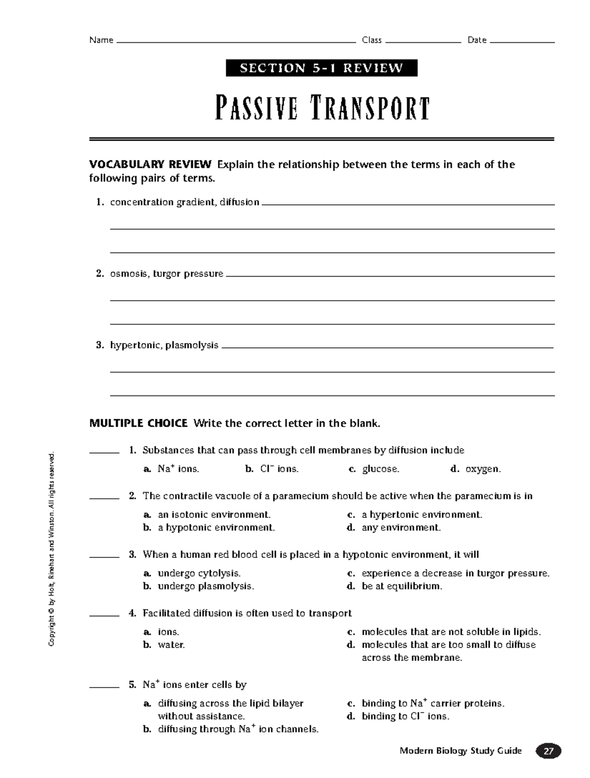 Passive Transport Reading Guide-2 - 27 Copyright © by Holt, Rinehart ...