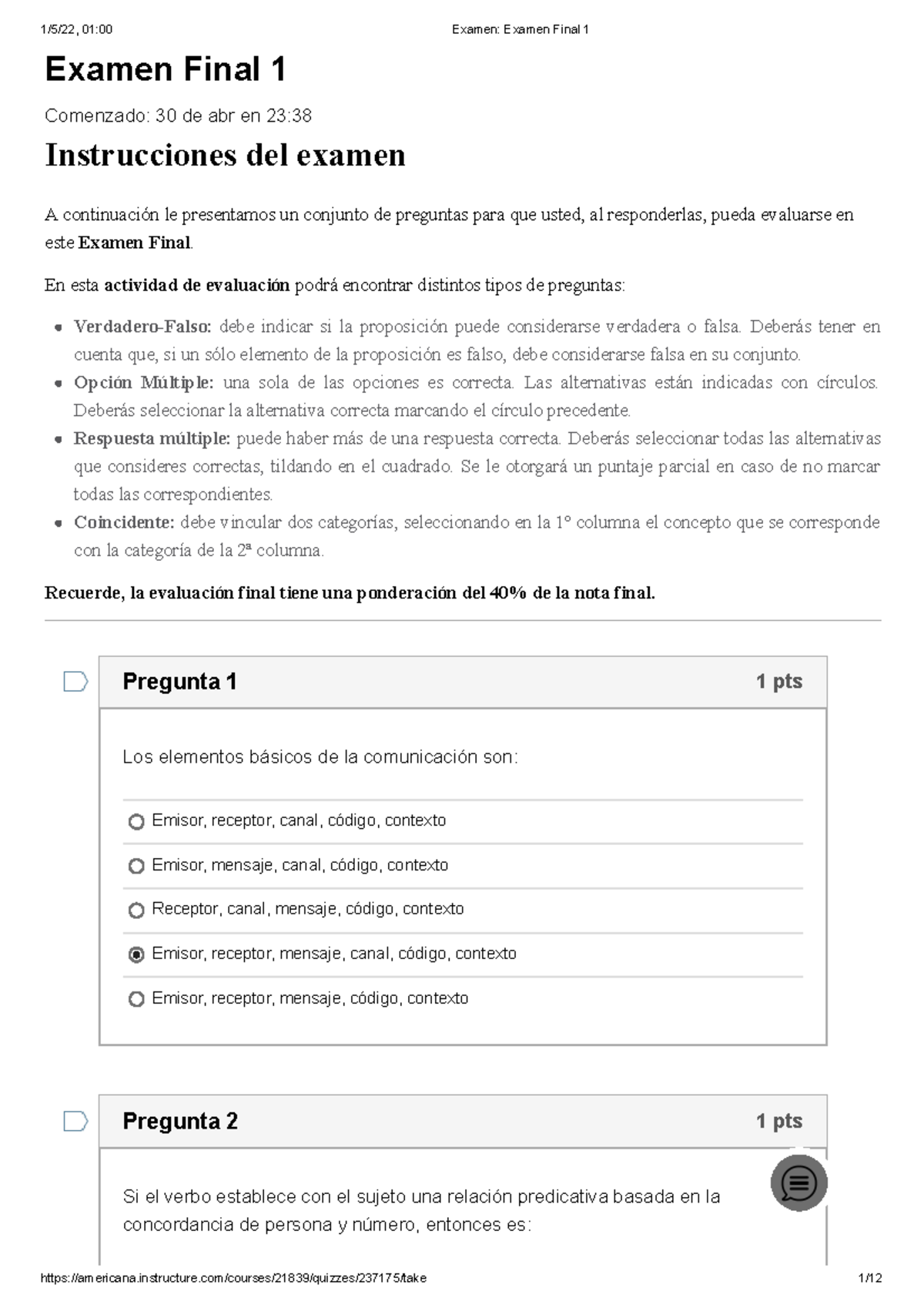 Examen Final 1 - Evaluación de Comunicación y Lenguaje - Studocu