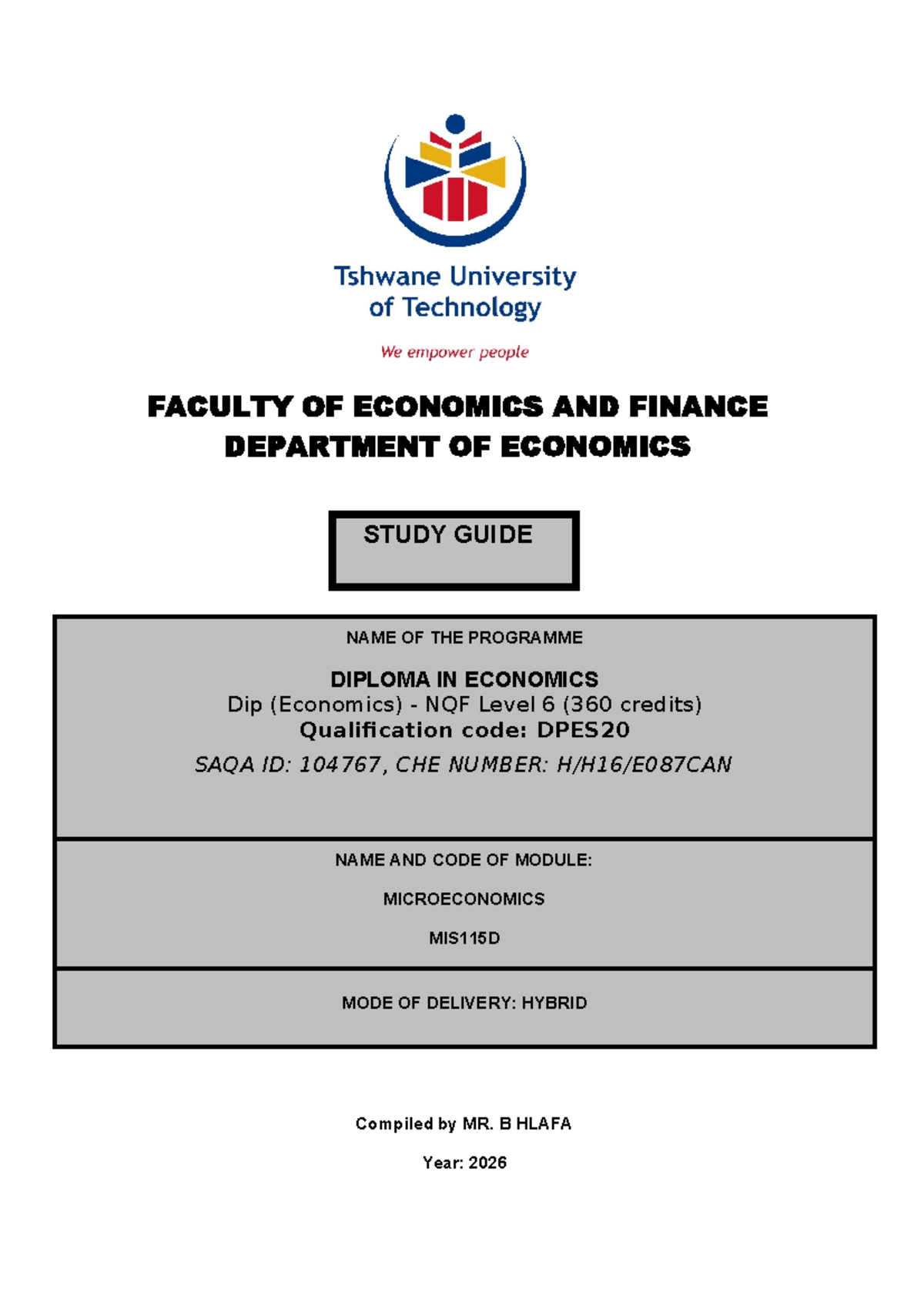 Study Guide for Microeconomics MIS115D - Diploma in Economics 2026 ...