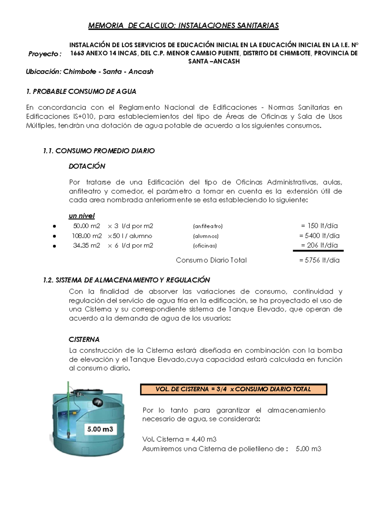 Memoria de Cálculo: Instalaciones Sanitarias I.E. 1663 Anexo 14 - Studocu