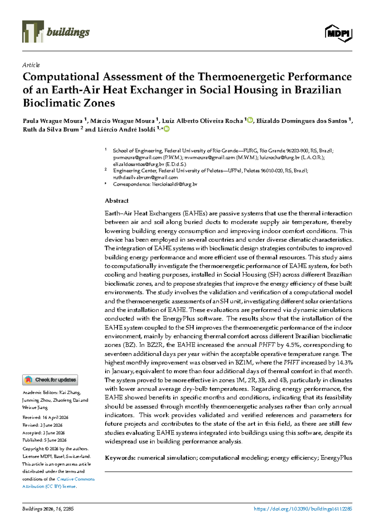 Computational Study on EAHE Performance in Brazilian Social Housing (SH ...