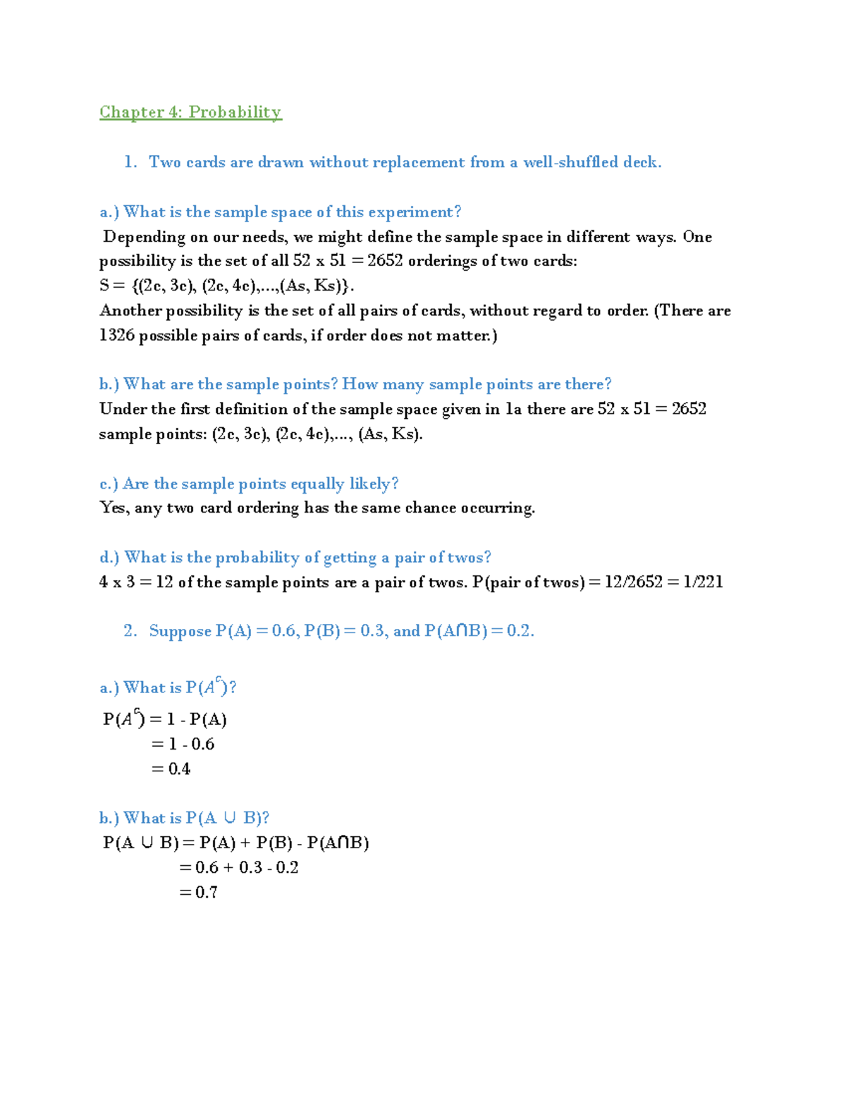 Stat Chapter 4 Exercises Chapter 4 Probability Two Cards Are Drawn