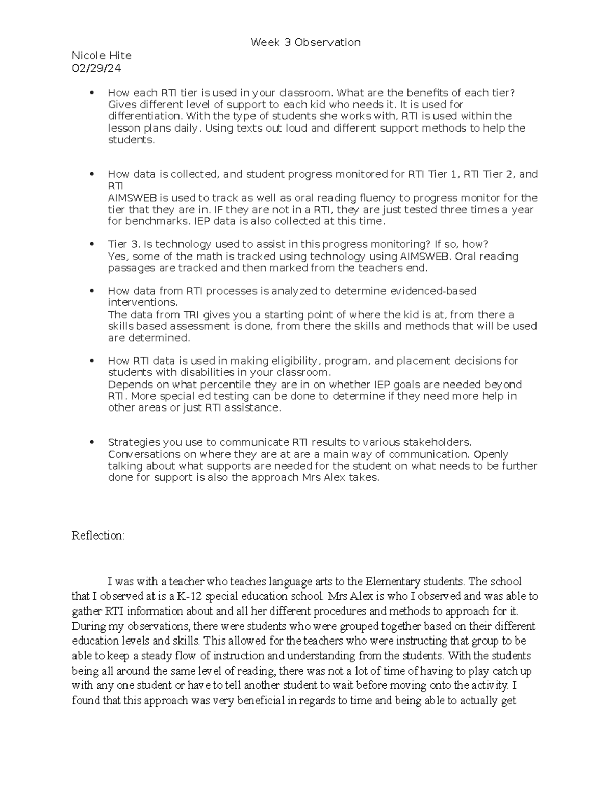 RTI Strategies and Observations in a K-12 Special Ed Classroom - Studocu