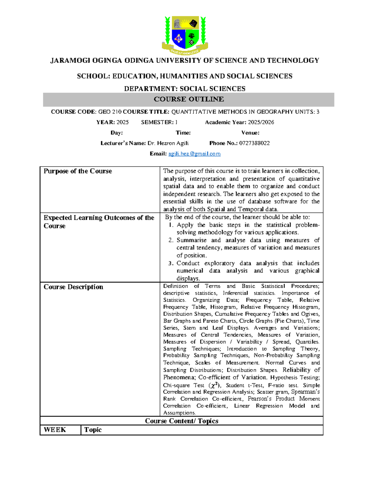 GEO 210: Quantitative Methods in Geography - Course Outline - Studocu