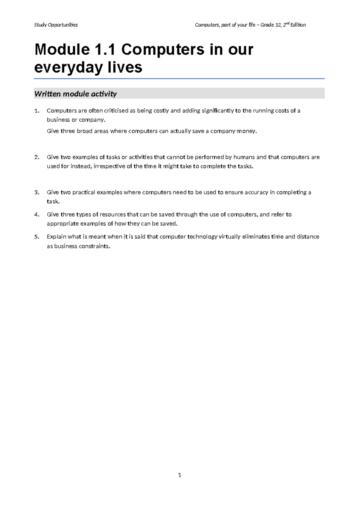 Grade 12 Computers in Our Everyday Lives: Module 1.1 Questions - Studocu