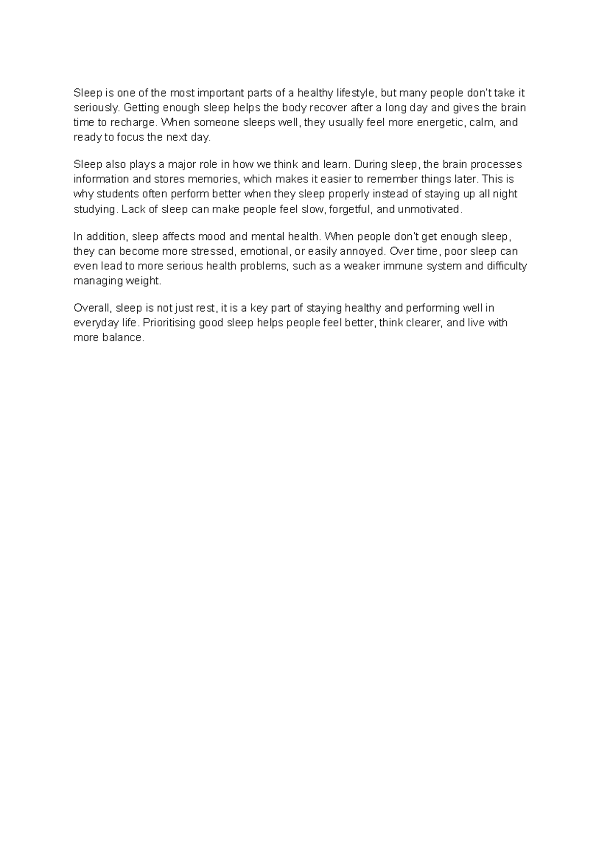 The Importance of Sleep for Health and Well-Being - Studocu