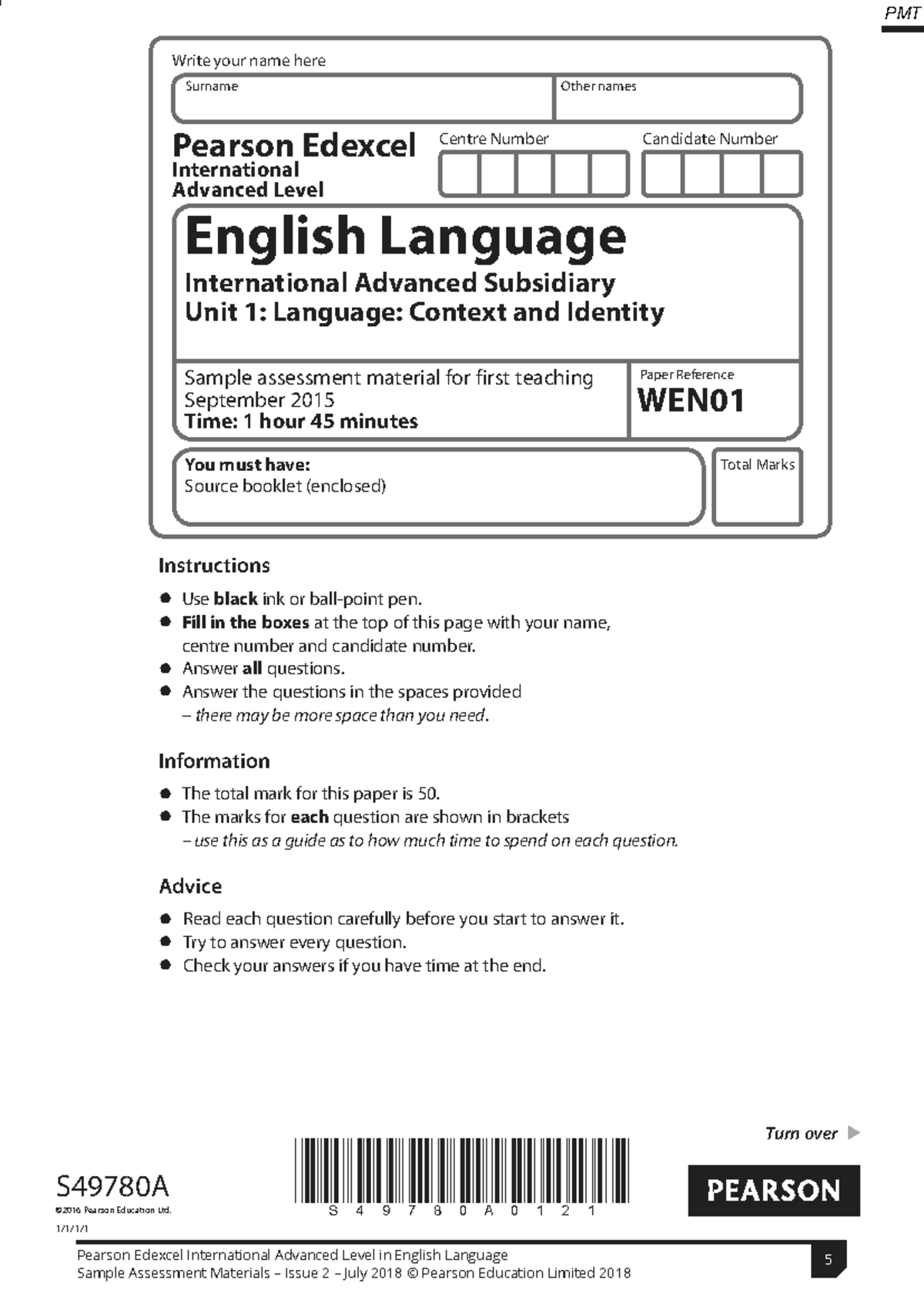 PMT IAL English Language Unit 1: Language, Context & Identity Sample ...