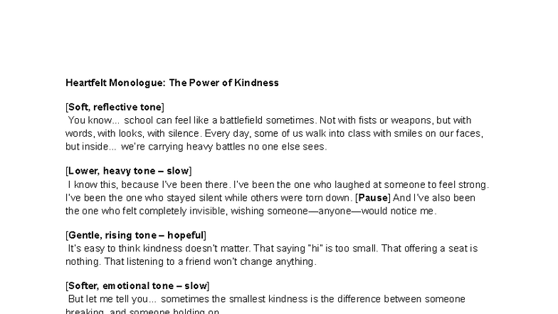 ENG 101: Heartfelt Monologue on the Power of Kindness - Studocu