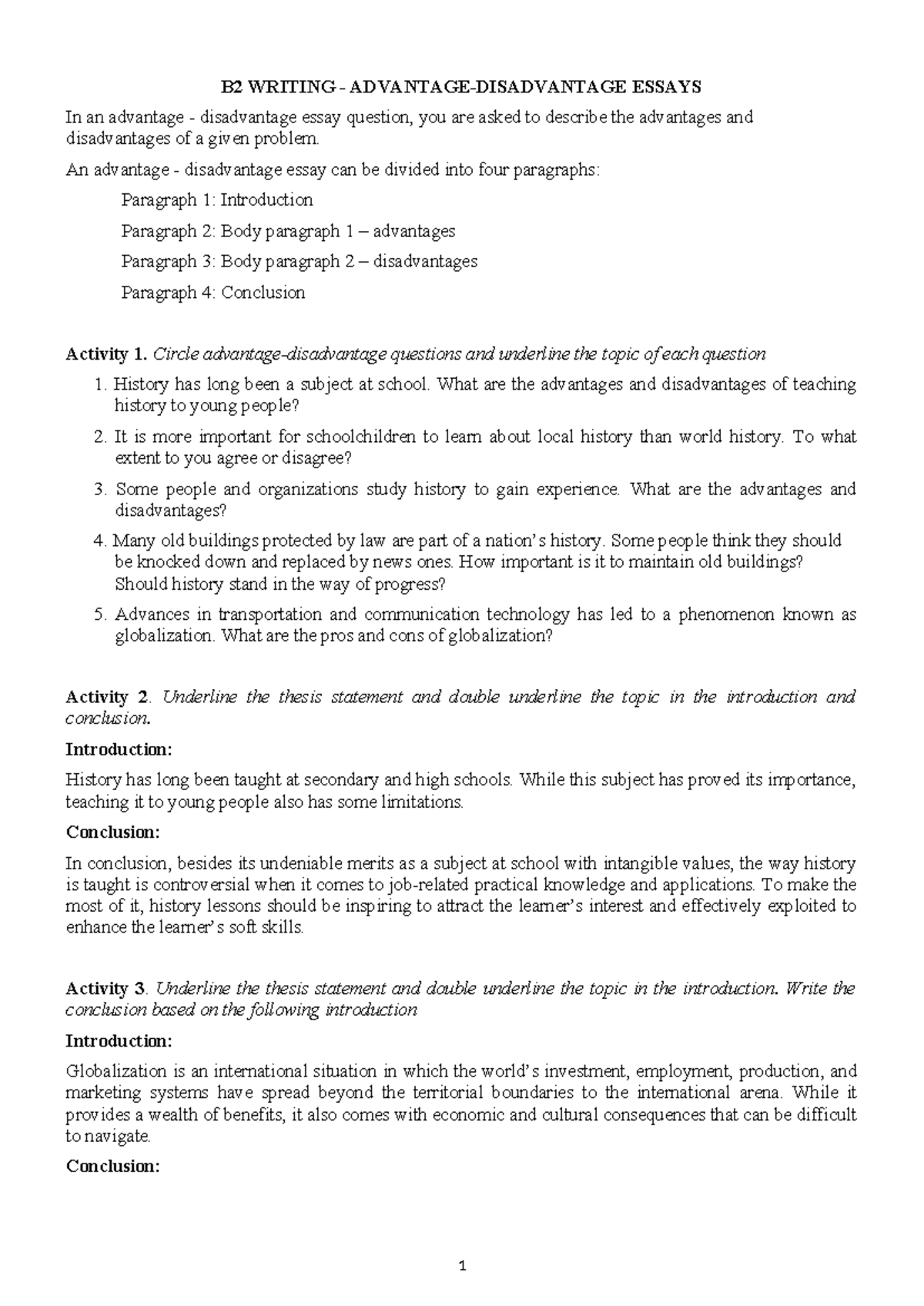 B2 Writing Handout 5: Advantage-Disadvantage Essay Guidelines - Studocu