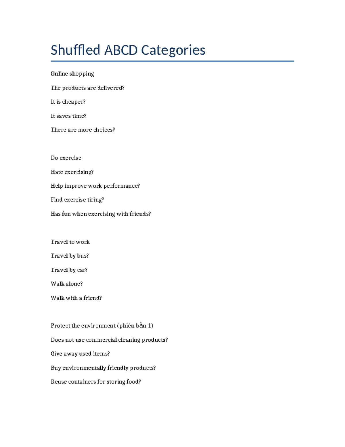 ABCD Categories: Online Shopping, Exercise, Travel & Environment ...